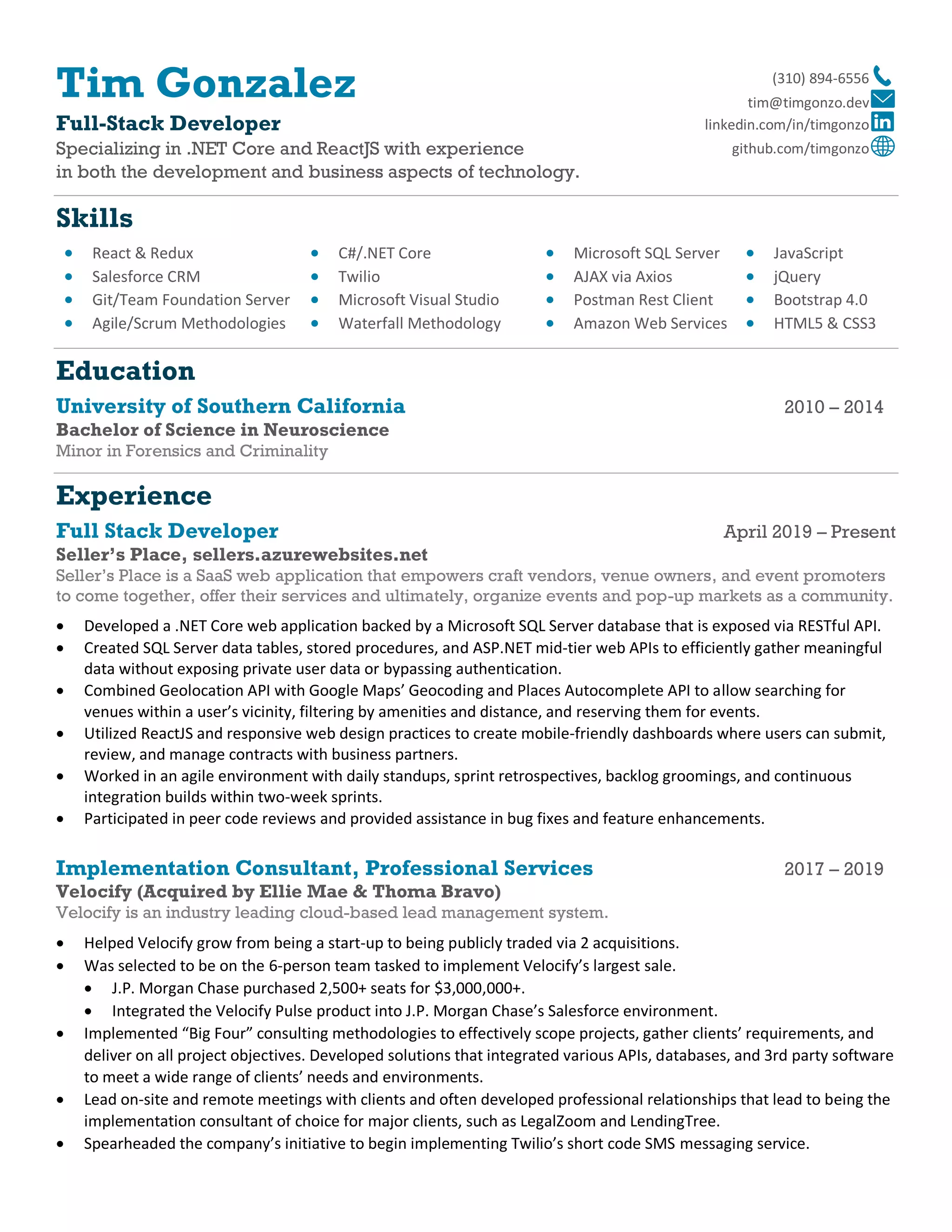 Tim Gonzalez Full Stack Developer Resume 2019 | PDF