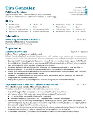 Tim Gonzalez Full Stack Developer Resume 2019 | PDF