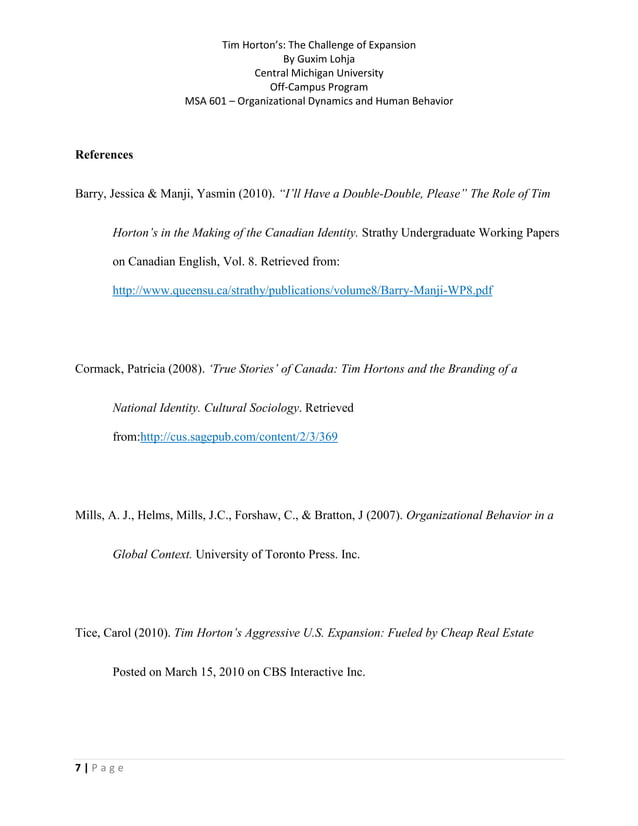 Tim Hortons The Challenge Of Expansion Pdf