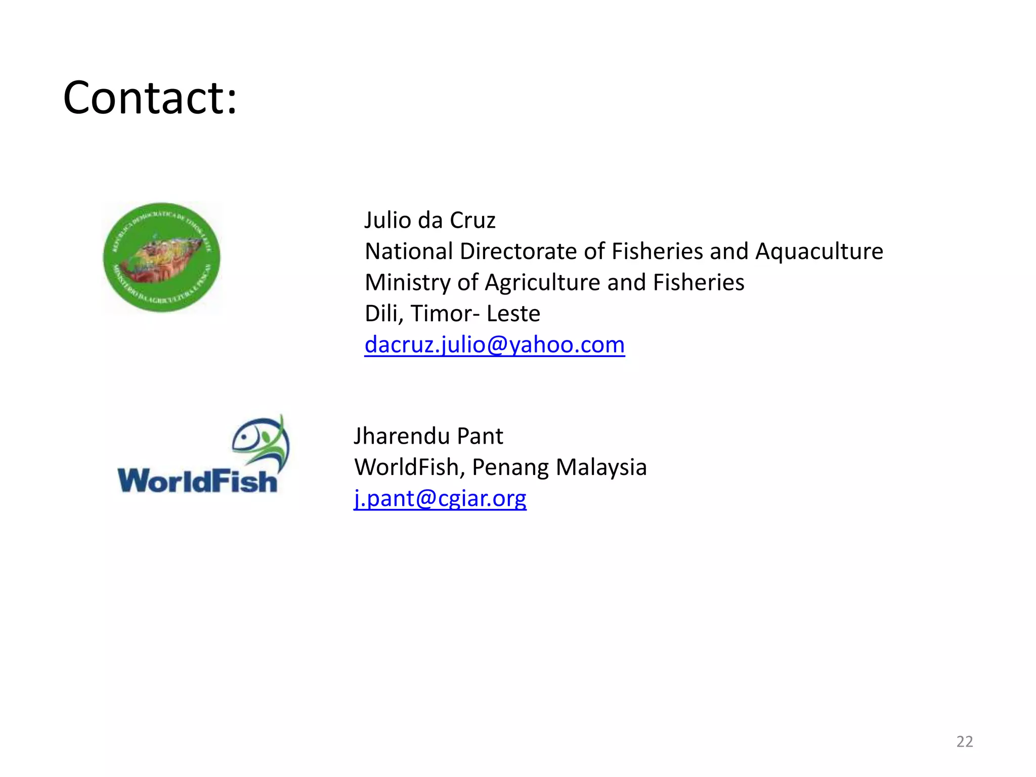 Aquaculture for food and nutrition security in Timor-Leste: Challenges and opportunities | PPT