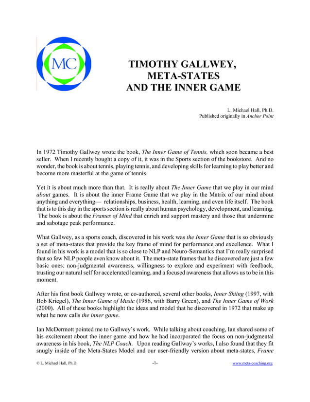 Timothy Gallwey Meta States and Inner Game | PDF