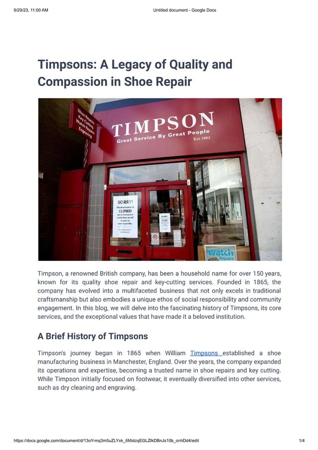 Timpsons-A Legacy of Quality and Compassion in Shoe Repair | PDF