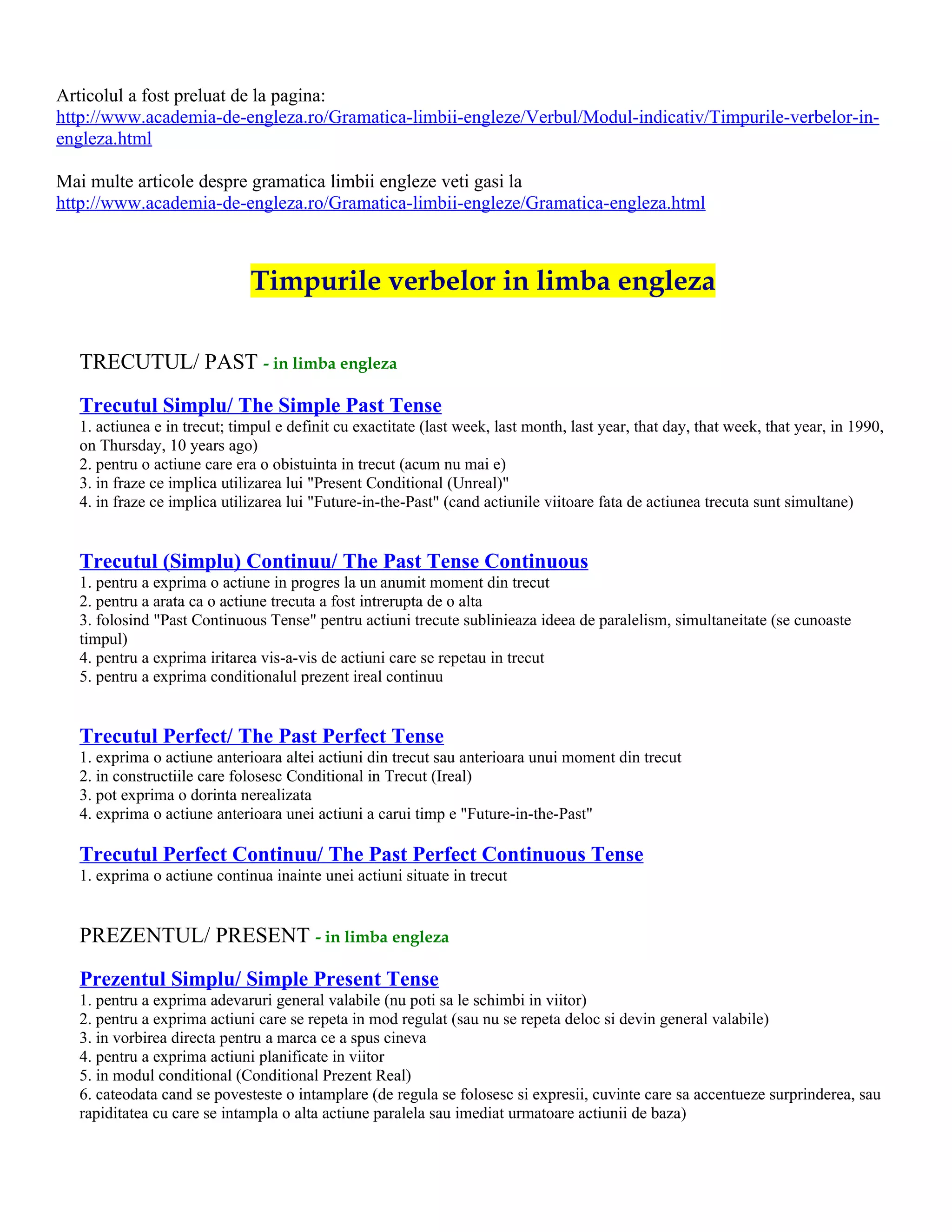 Timpurile verbelor in engleza | DOC