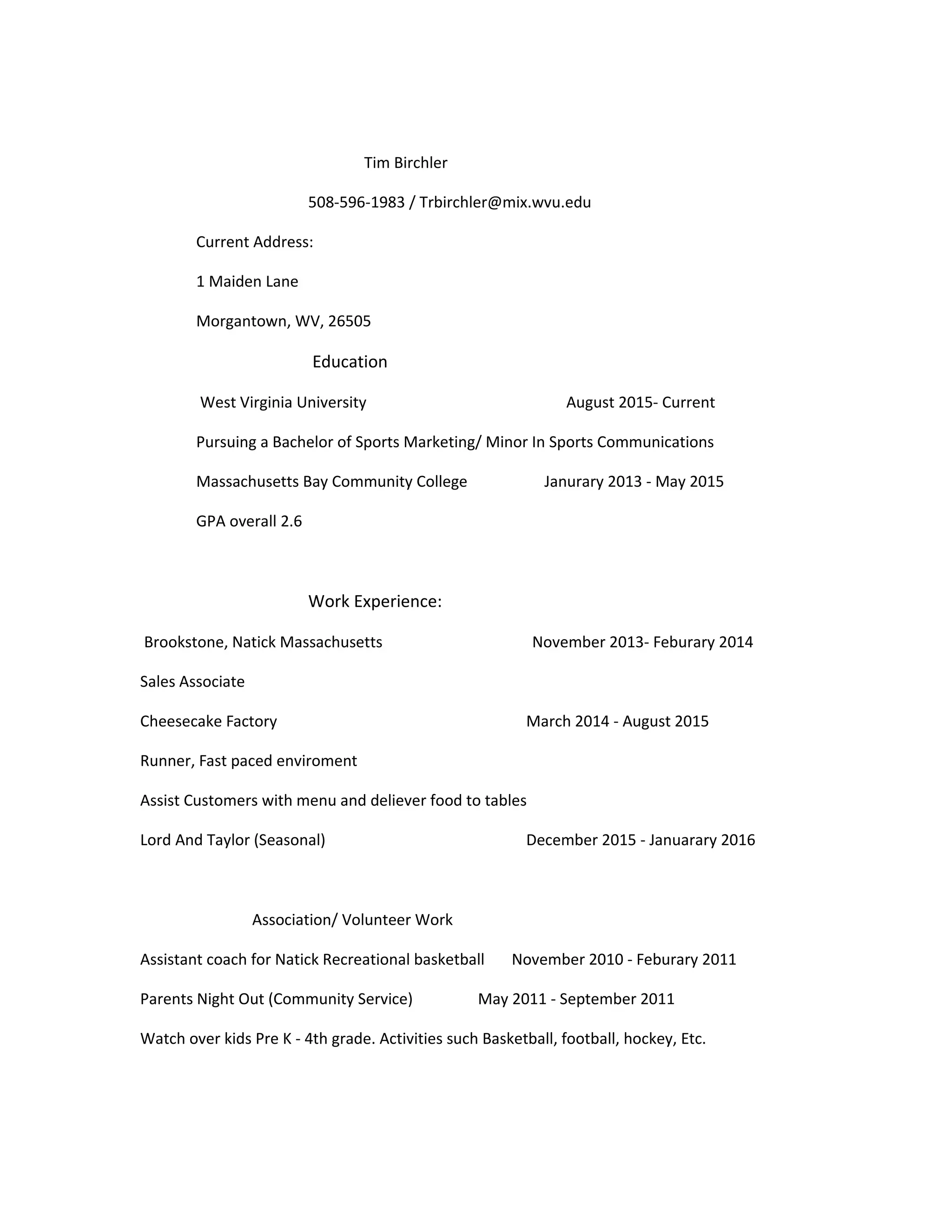 Tim's Resumer | RTF | College Sports | Sports