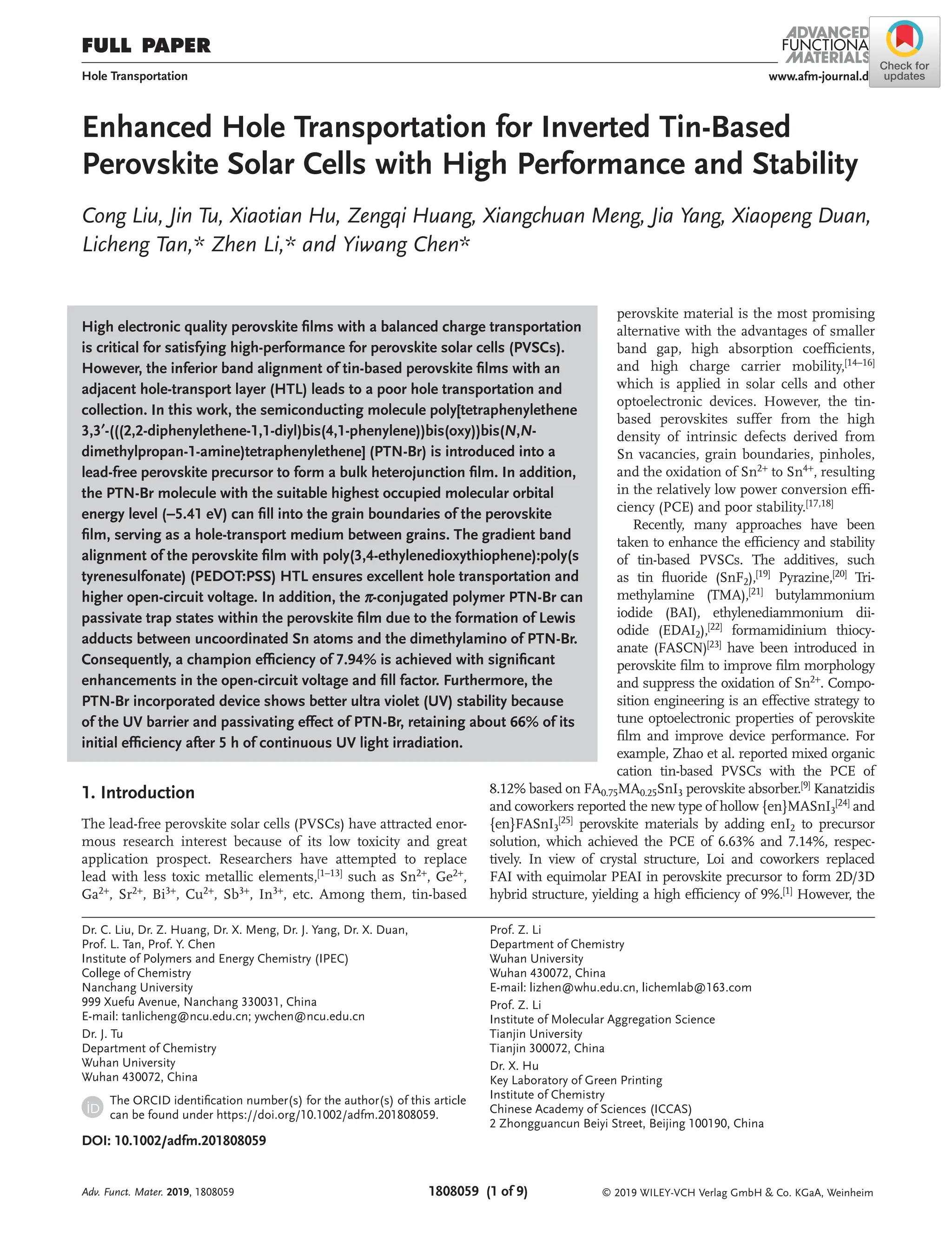 Enhanced Hole Transportation for Inverted Tin-Based Perovskite Solar ...