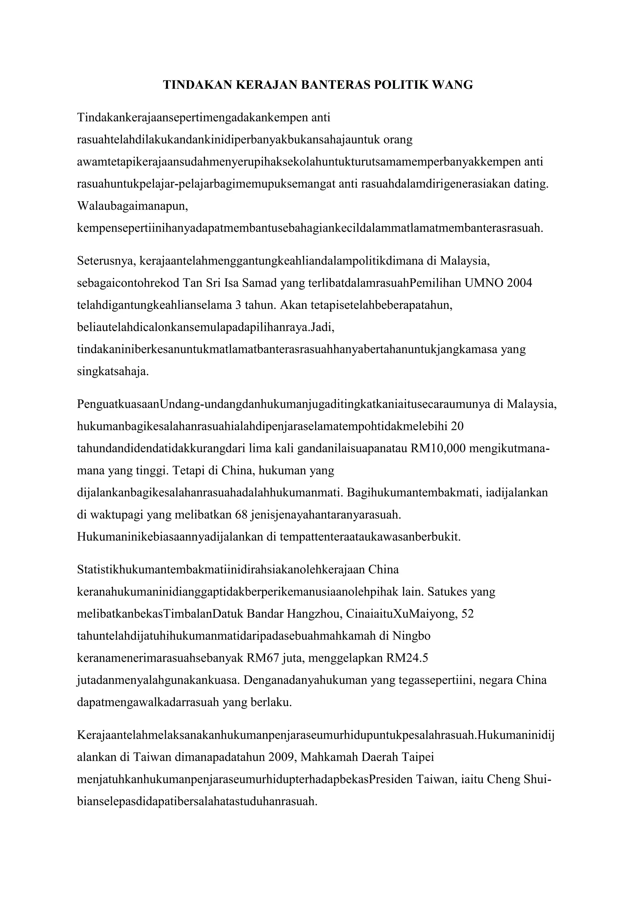 Tindakan kerajan banteras politik wang | DOCX