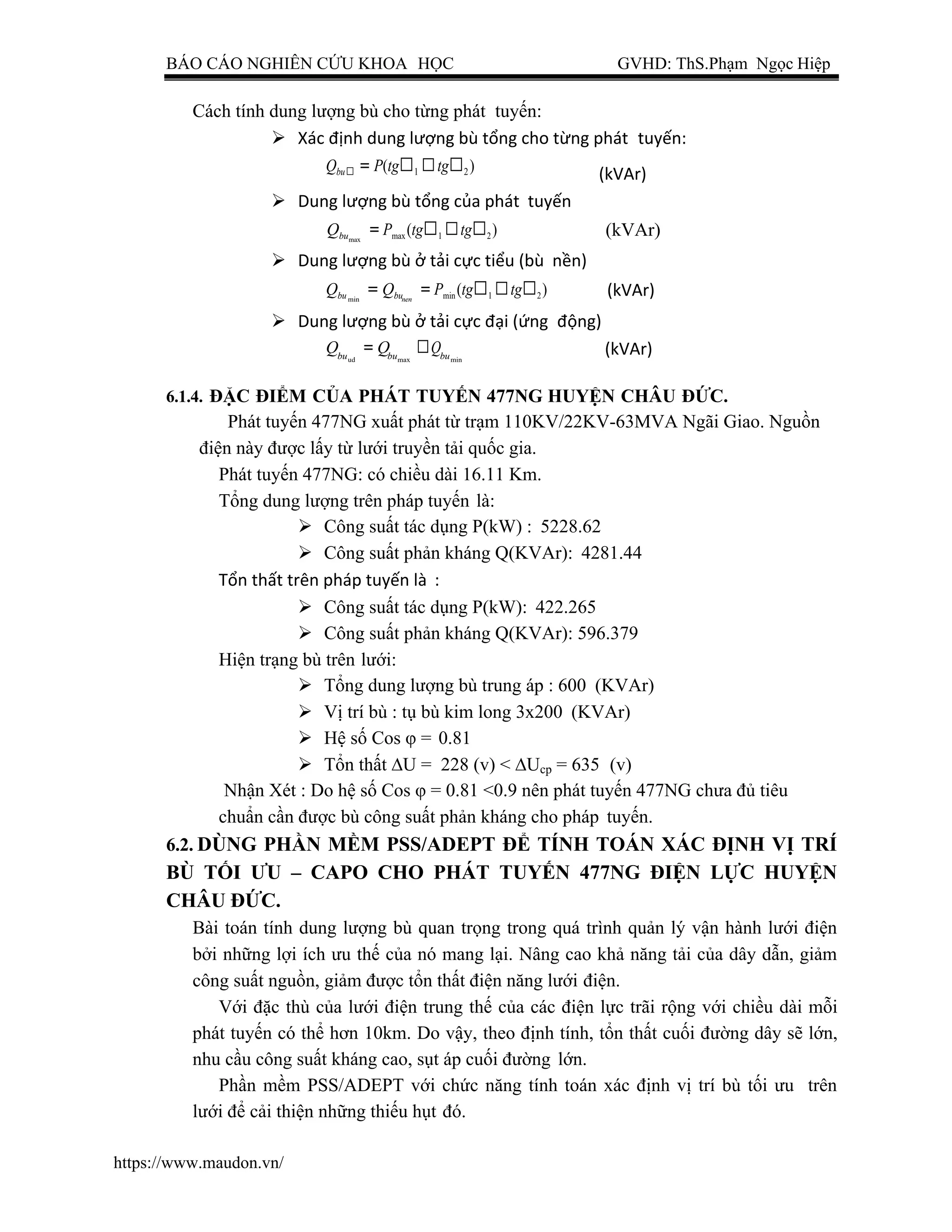 Đề tài Ứng dụng phần mềm PSSADETP bù tối ưu công suất phản kháng cho hệ thống điện huyện Châu ...
