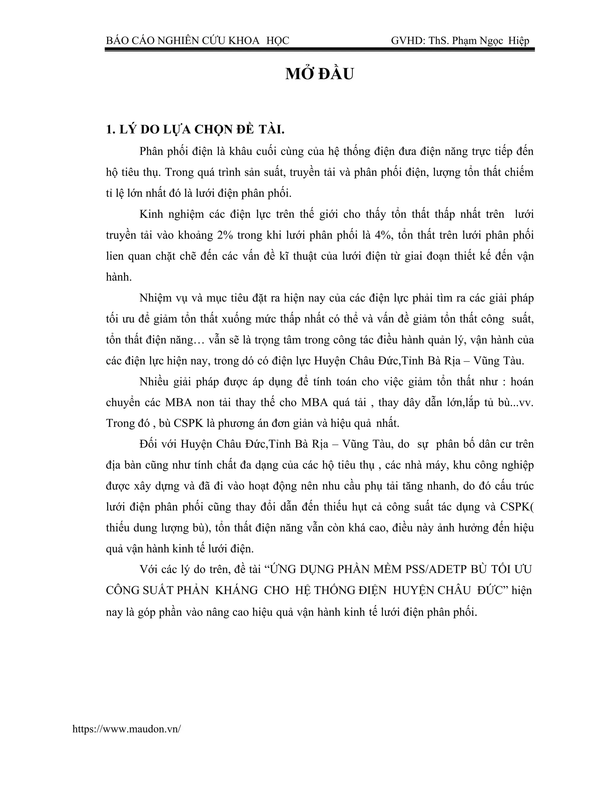 Đề tài Ứng dụng phần mềm PSSADETP bù tối ưu công suất phản kháng cho hệ thống điện huyện Châu ...
