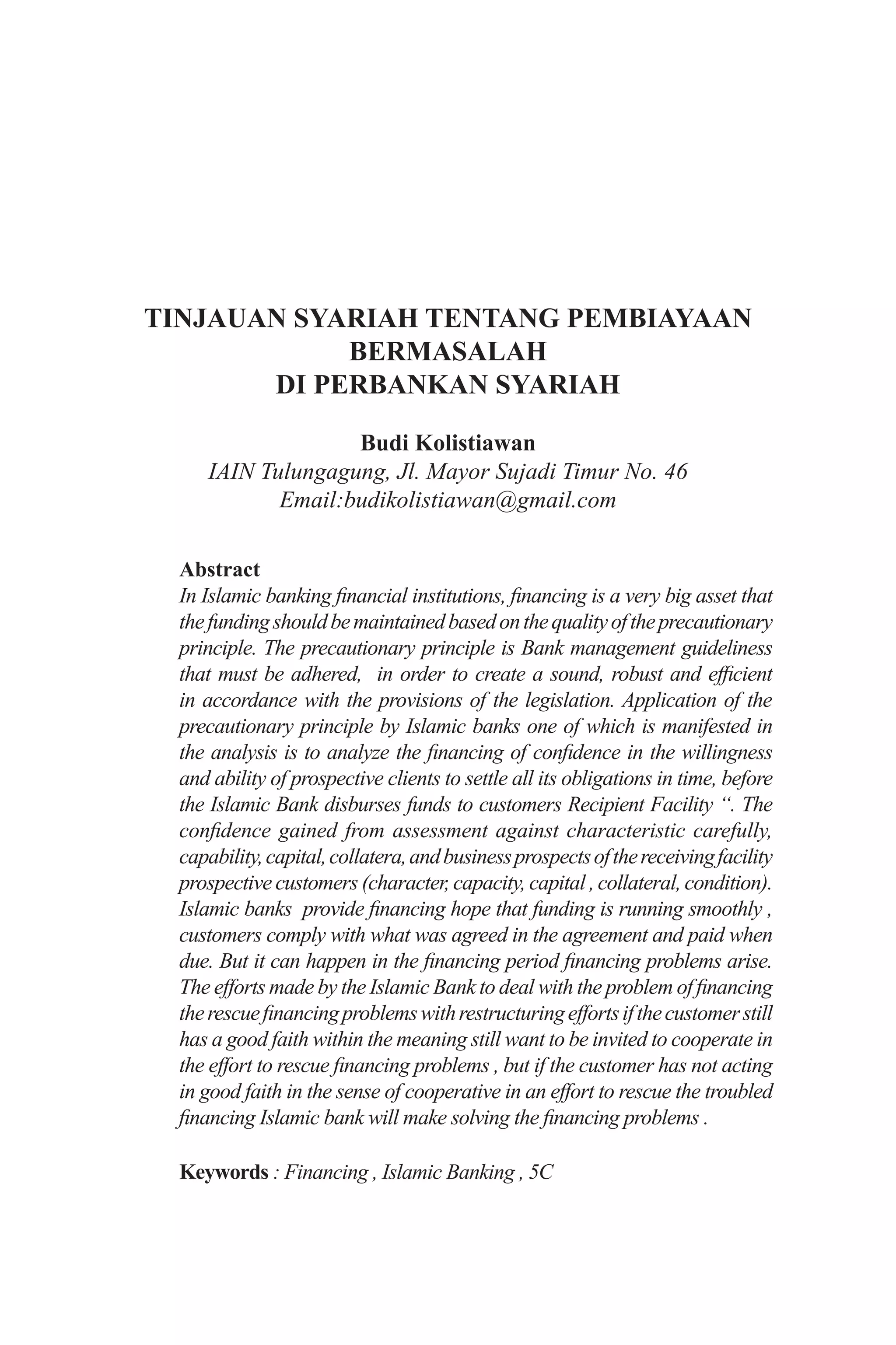 Tinjauan syariah tentang pembiayaan bermasalah di perbankan syariah | PDF