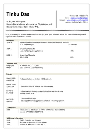 Tinku Das (Data Science Machine Learning) Resume | PDF