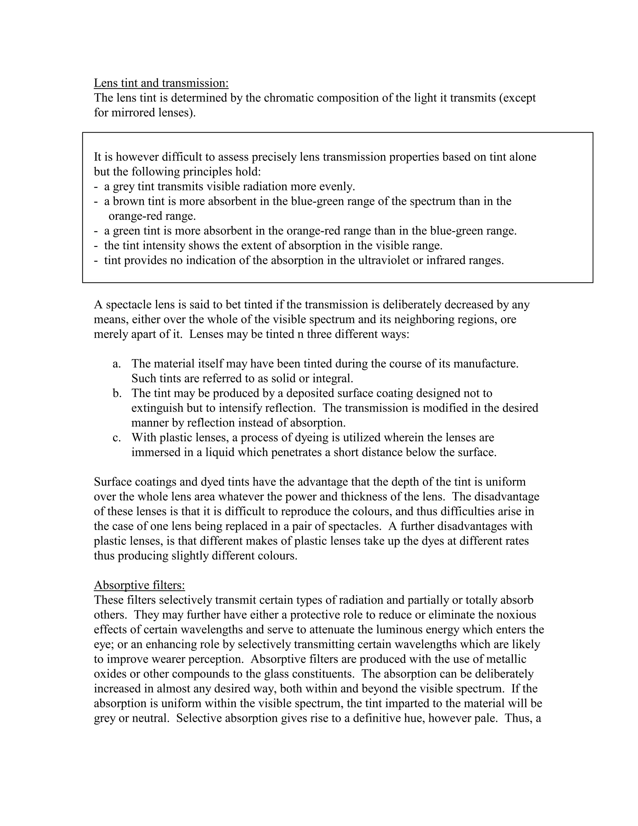 tinted lenses from a book principles of ophthalmic optics | PDF