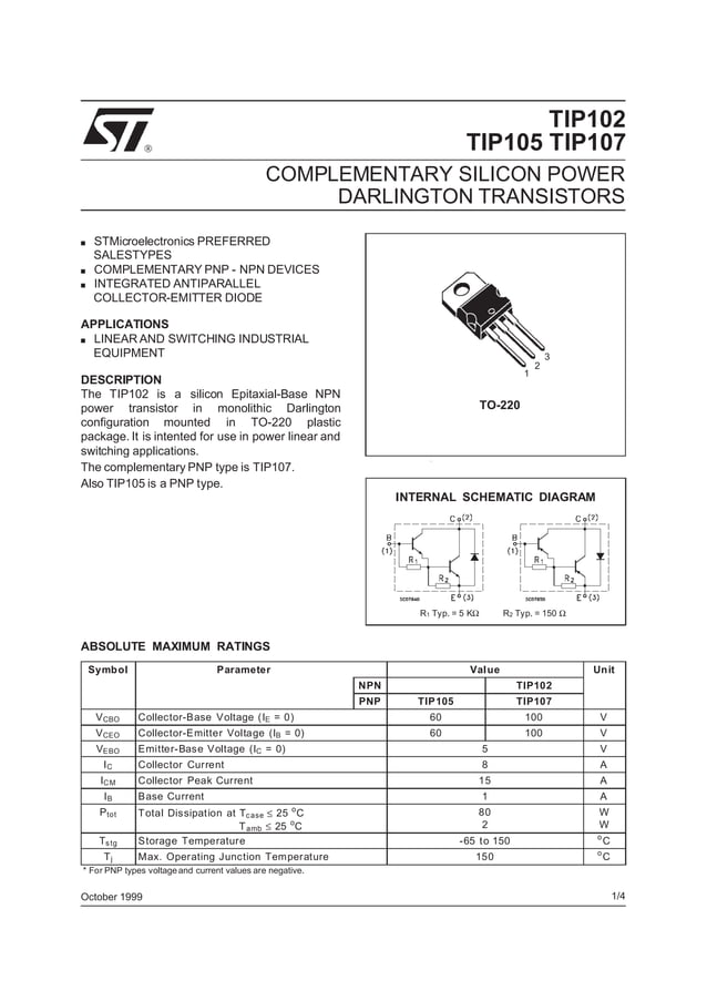 Original PNP Transistor TIP102 TO-220 New STMicroelectronics | PDF