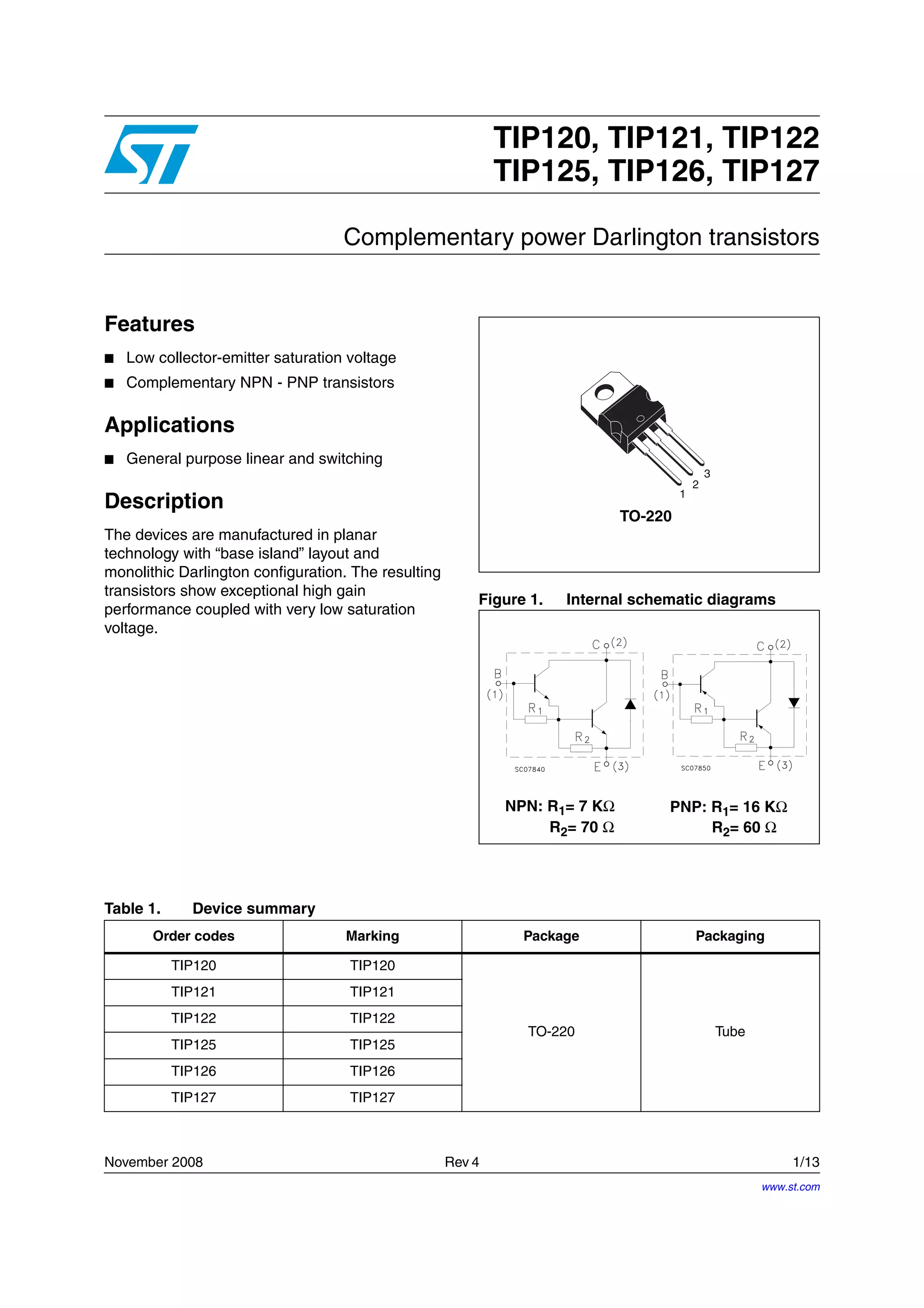 Original PNP Transistor TIP122 5A 100V TO-220 New STMicroelectronics | PDF