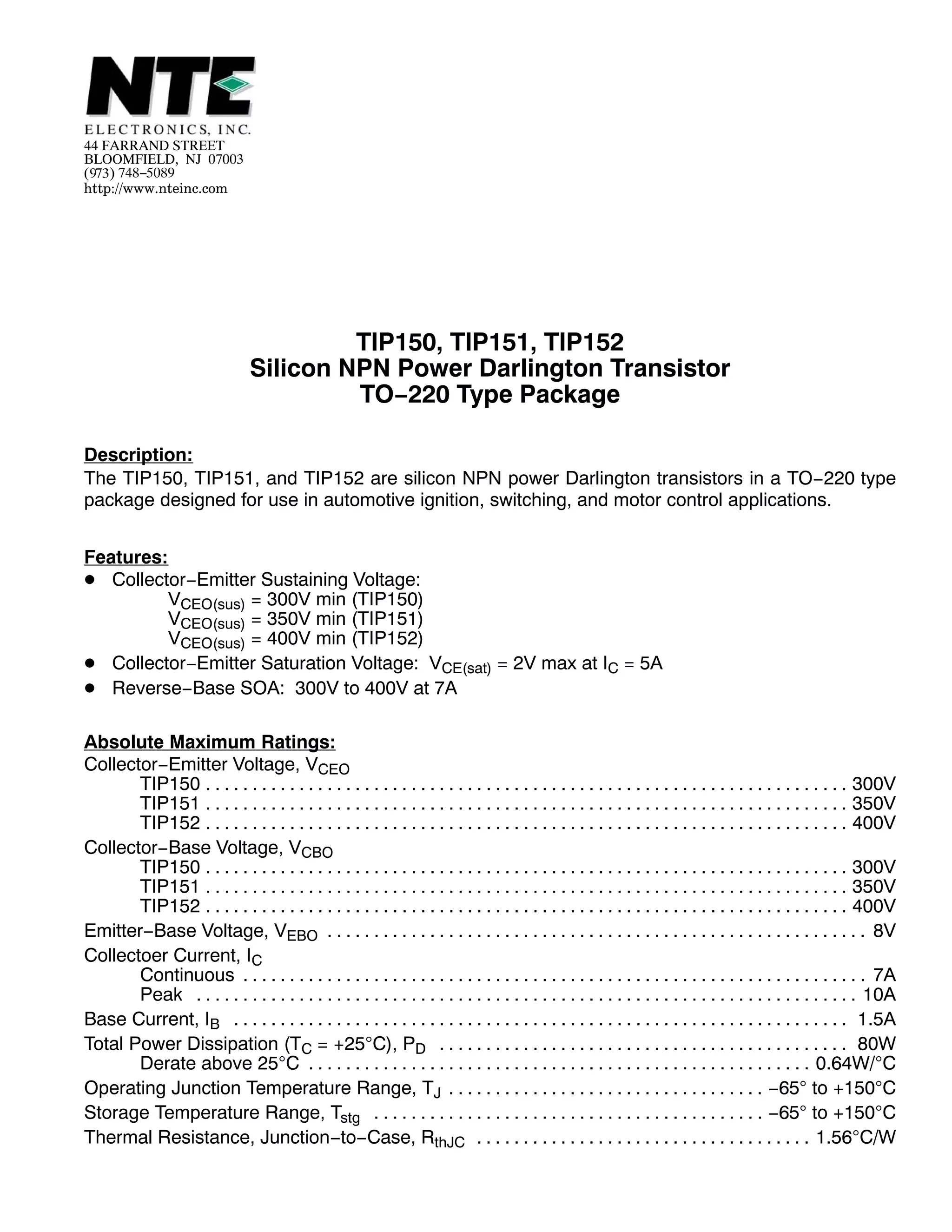 Original NPN Transistor TIP152 152 TO-220 New | PDF