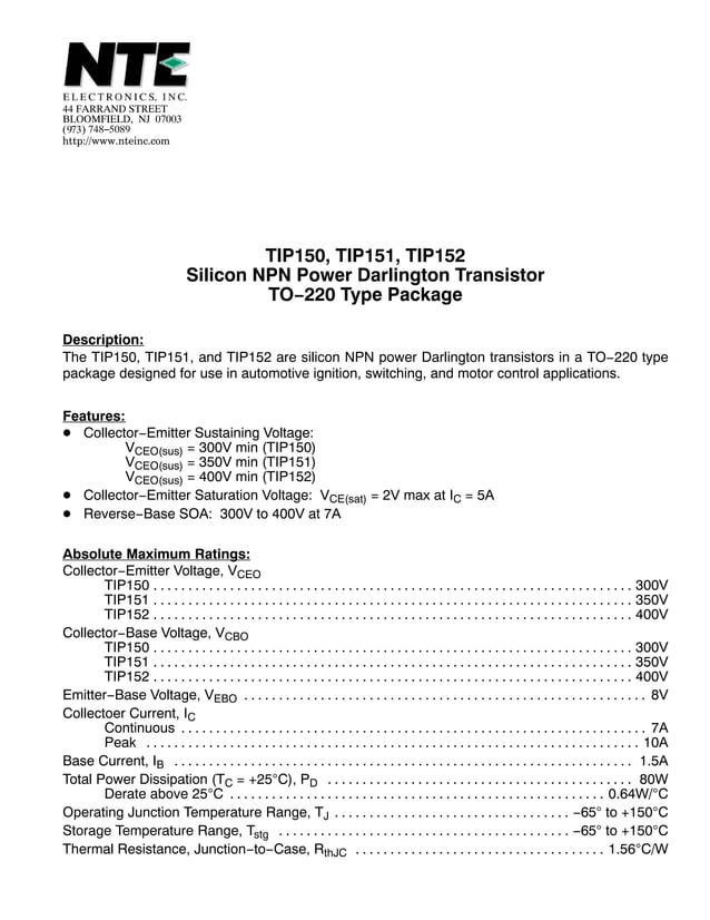 Original NPN Transistor TIP152 152 TO-220 New | PDF