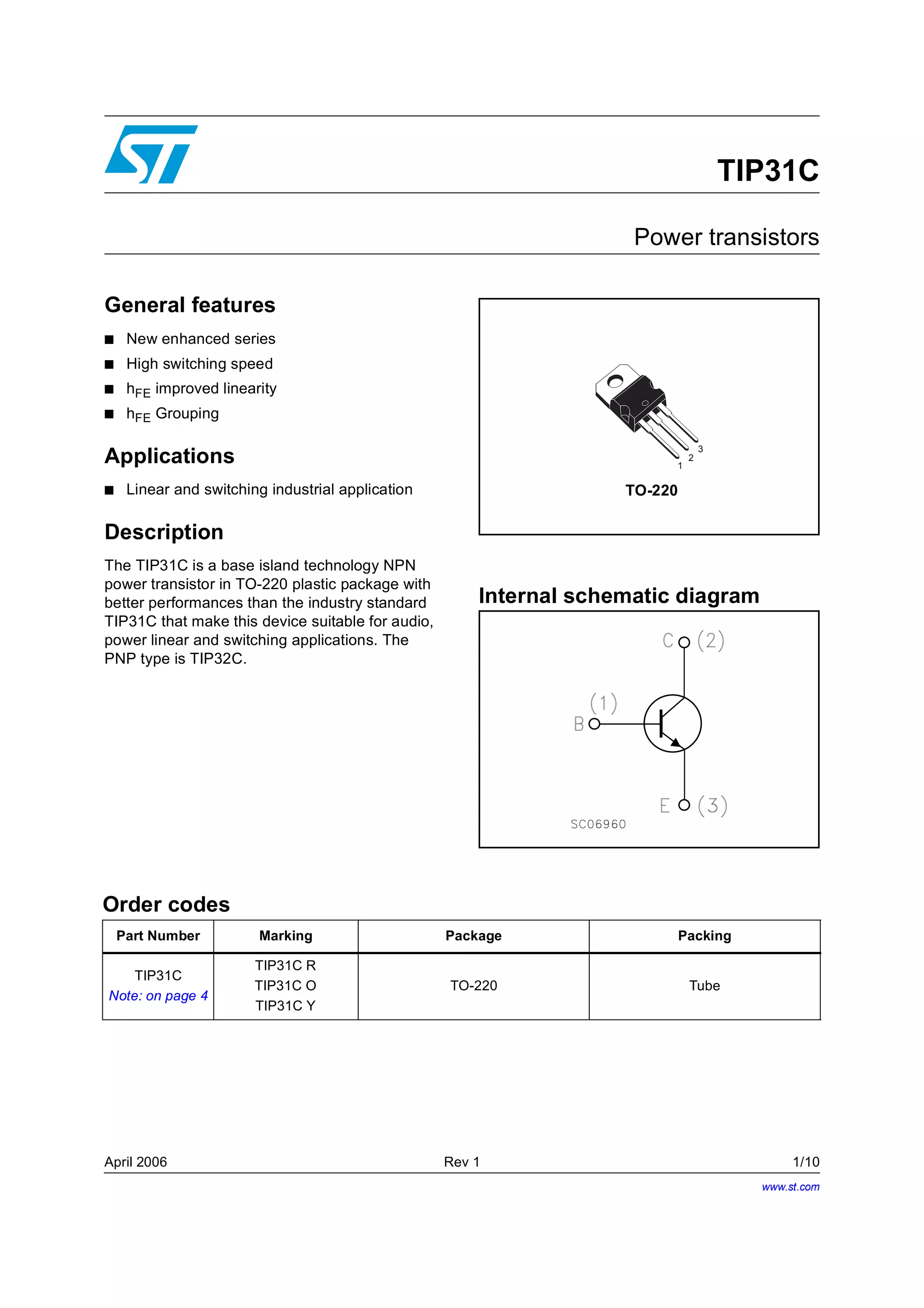 Original NPN Transistor TIP31C TIP31 TO-220F New STMicroelectronics | PDF