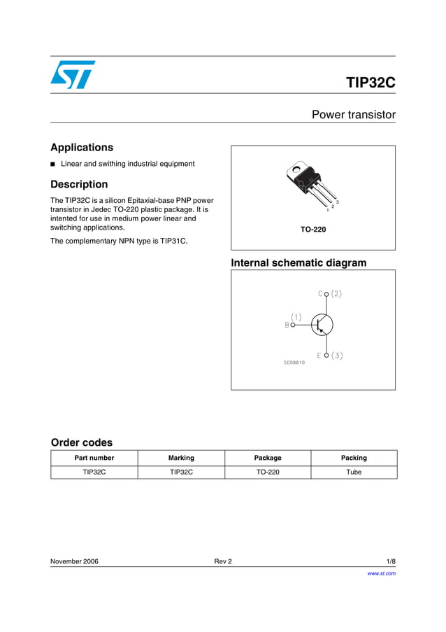 Original COMPLEMENTARY SILICON POWER TRANSISTORS TIP32 TIP32C TO-220F New STMicroelectronics | PDF