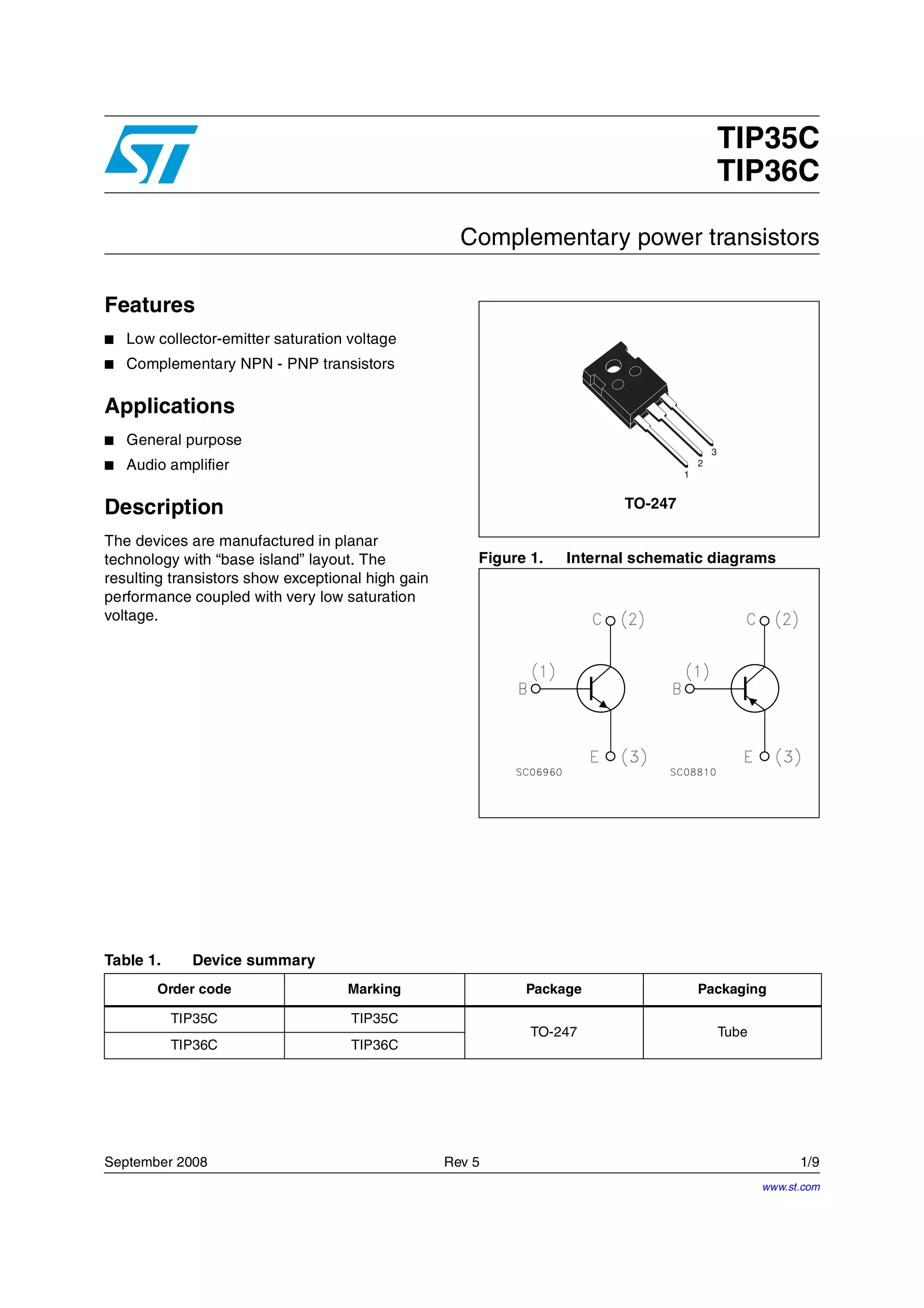 Original Transistor PNP TIP36C TIP36 TO-247 25A 100V New ST | PDF