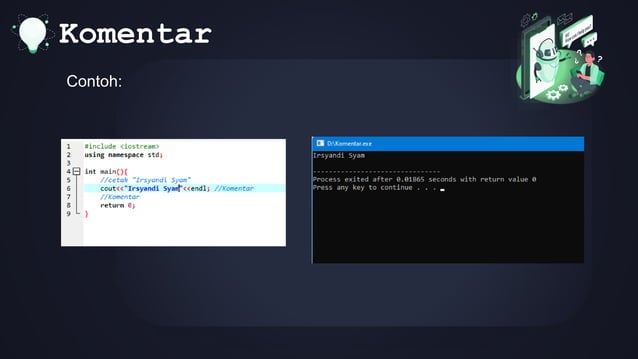 TIPE DATA, IDENTIFIER, VARIABEL, DAN KOMETAR C++ IRSYANDI SYAM.pptx