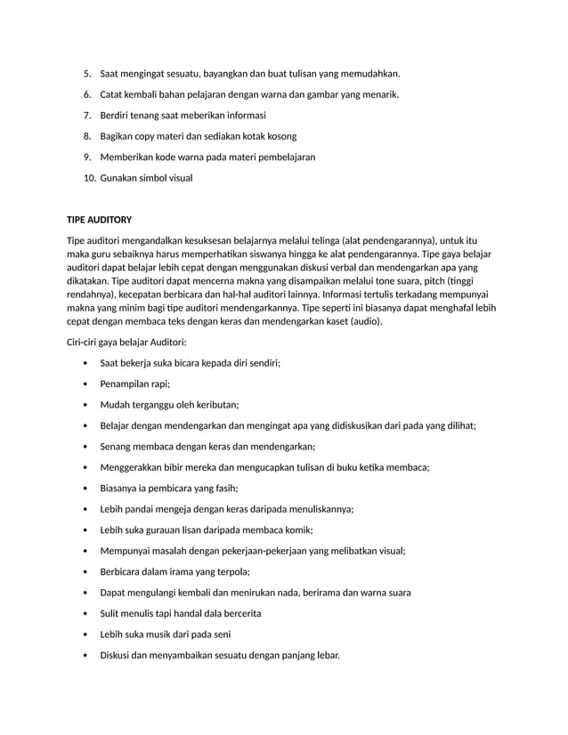 TIPE VISUAL auditorial dan kinestetik dalam menentukan gaya belajar | PDF