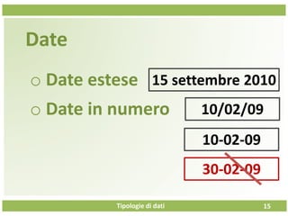 Tipologie di dati | PPTX | Databases | Computer Software and Applications