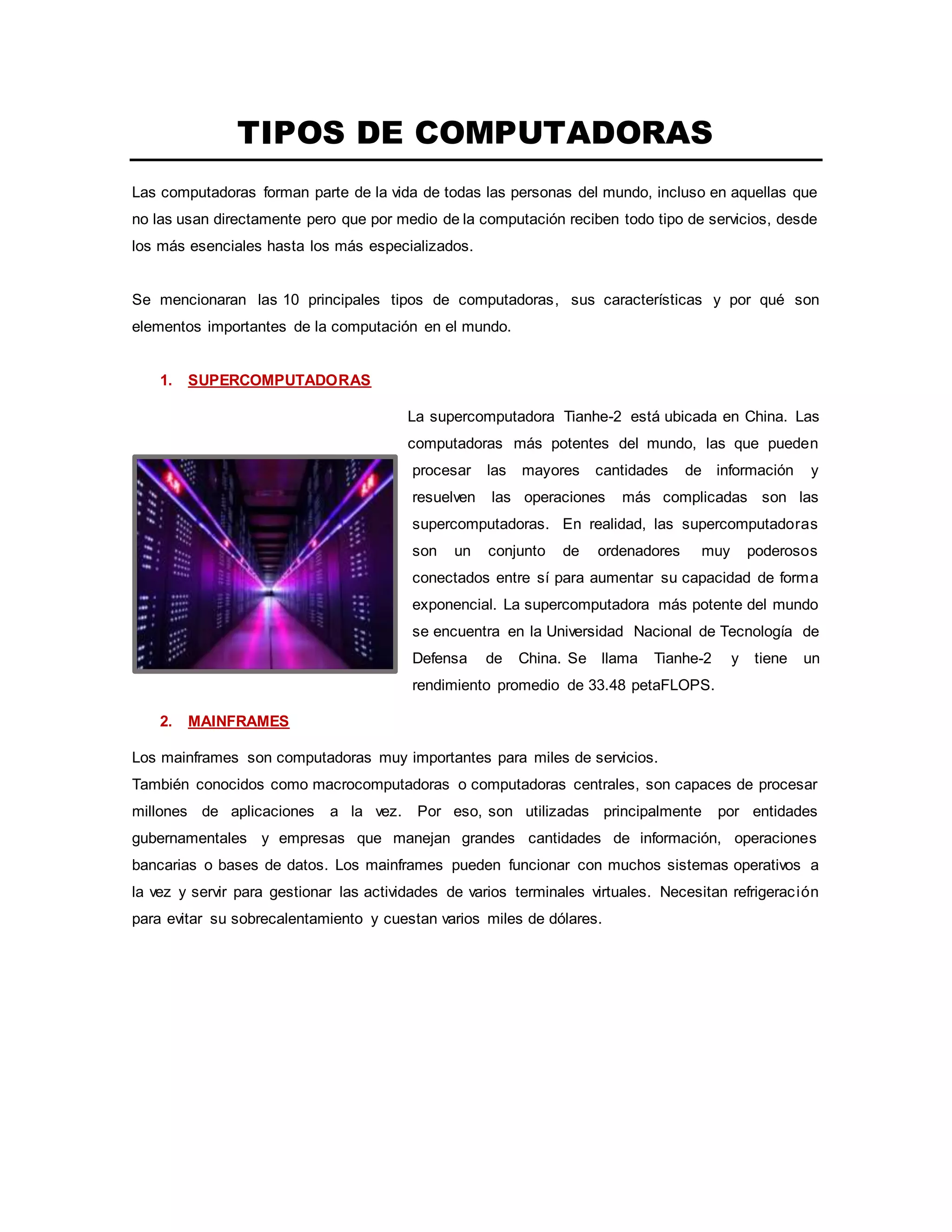 Tipos de computadoras | DOCX | Laptops | Computing