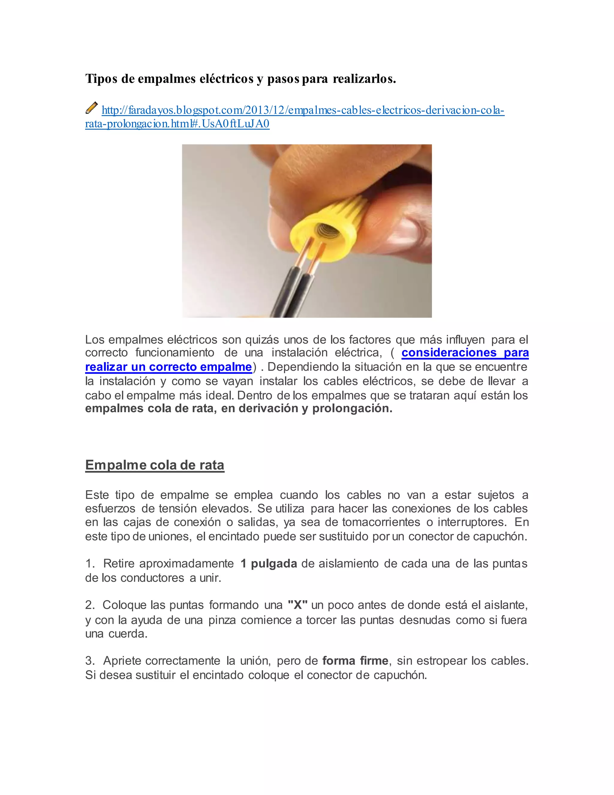Tipos de empalmes eléctricos y pasos para realizarlos | DOCX