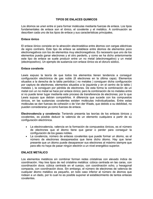 QUIMICA I-UNIDAD II-Tipos de enlaces quimicos | PDF
