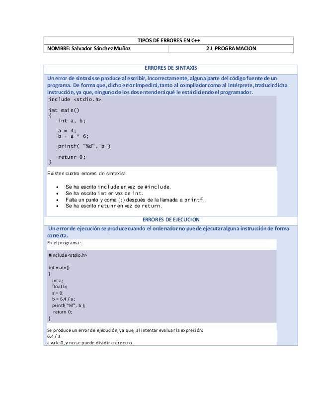 Tipos de errores en c Tipos de errores en c