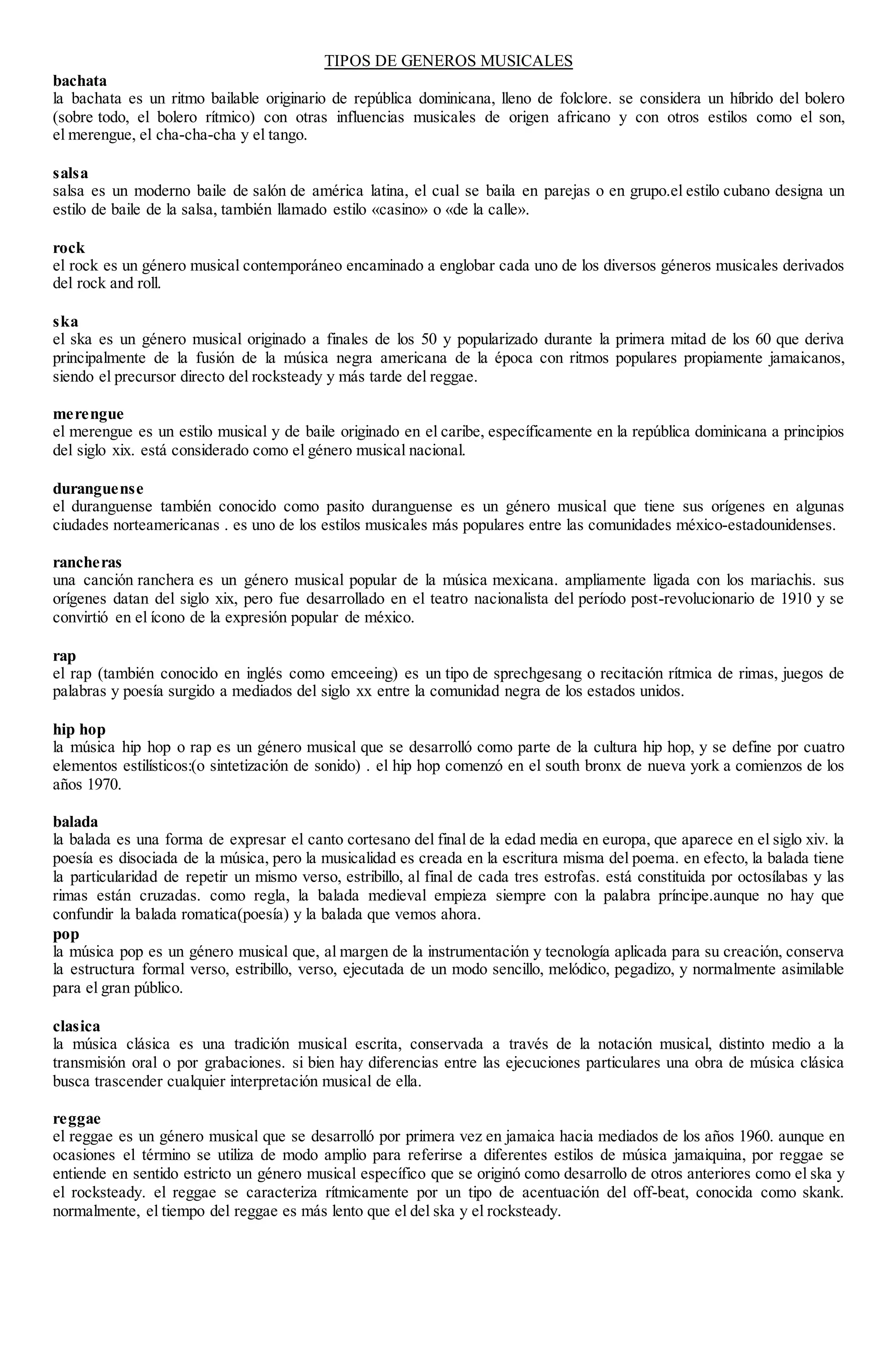Tipos de generos musicales | DOCX