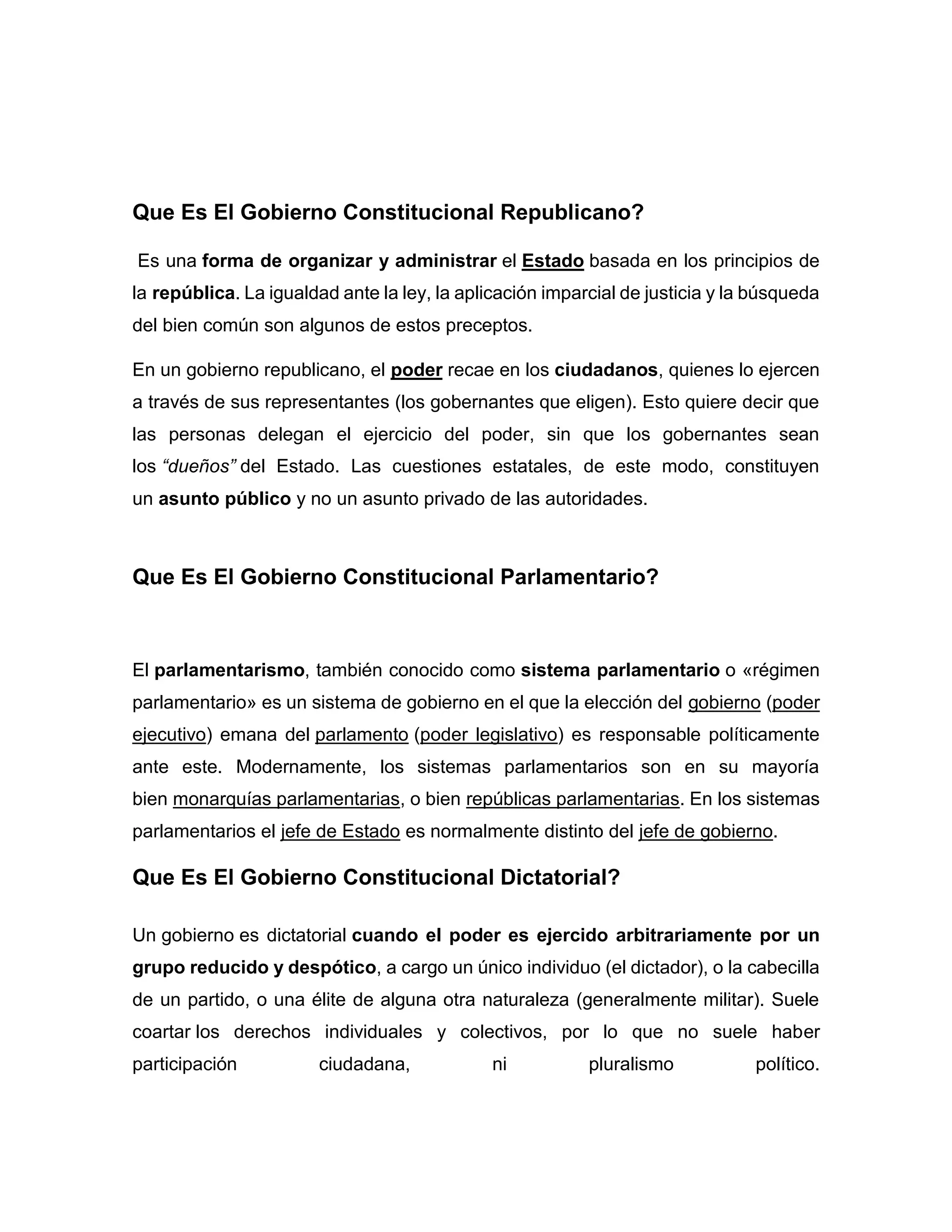 Tipos de gobiernos monarquico, republicano, parlamentario y dictorial ...