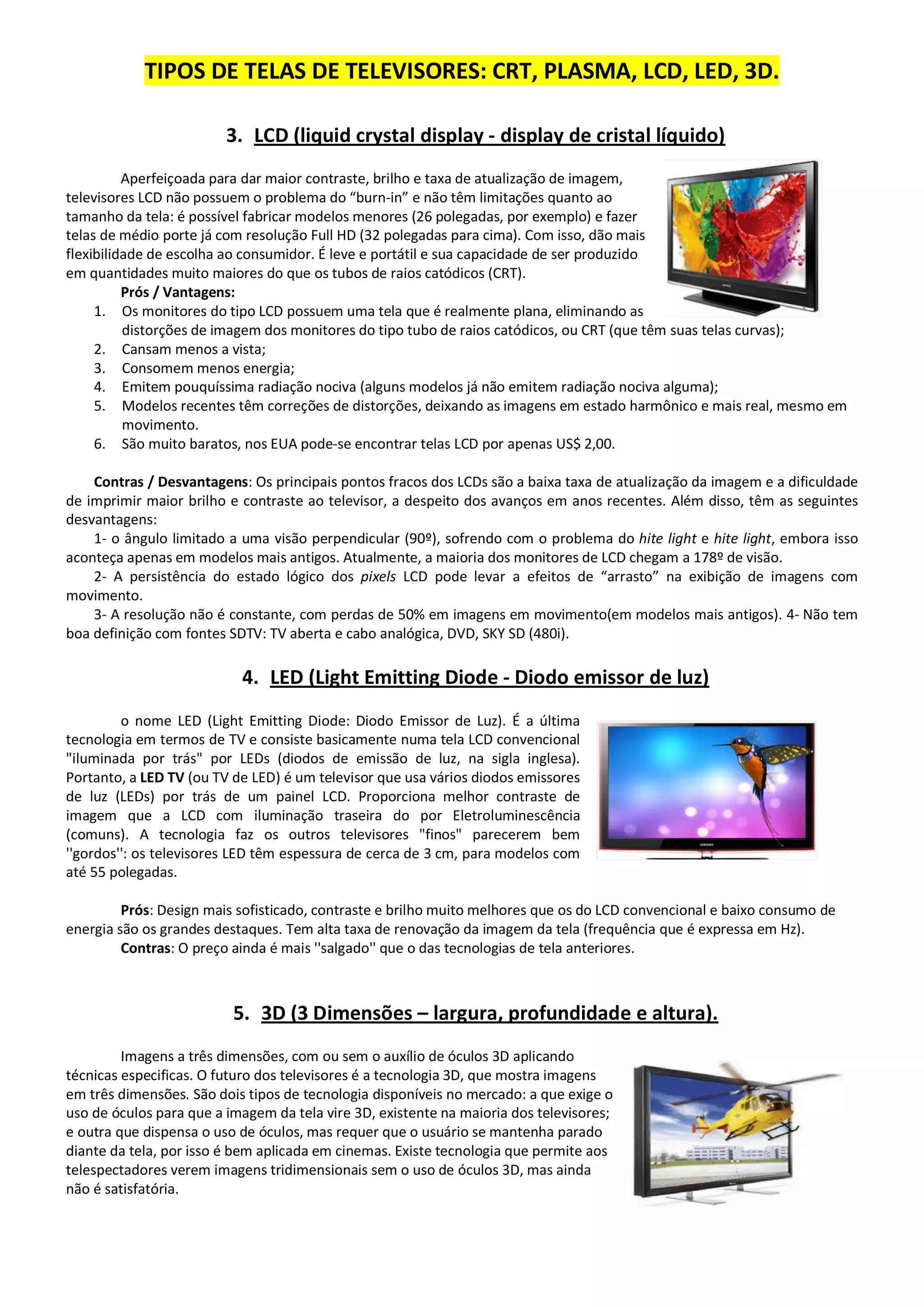 Tipos de telas de televisores crt, plasma, lcd, led, 3 d | PDF