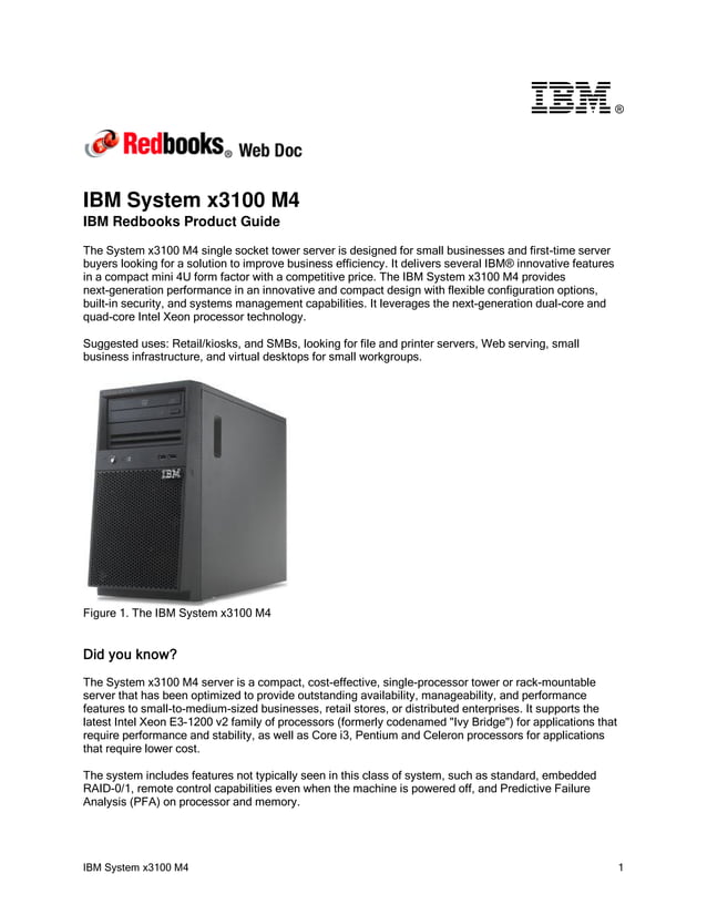 IBM Redbooks Product Guide: IBM System x3100 M4 | PDF