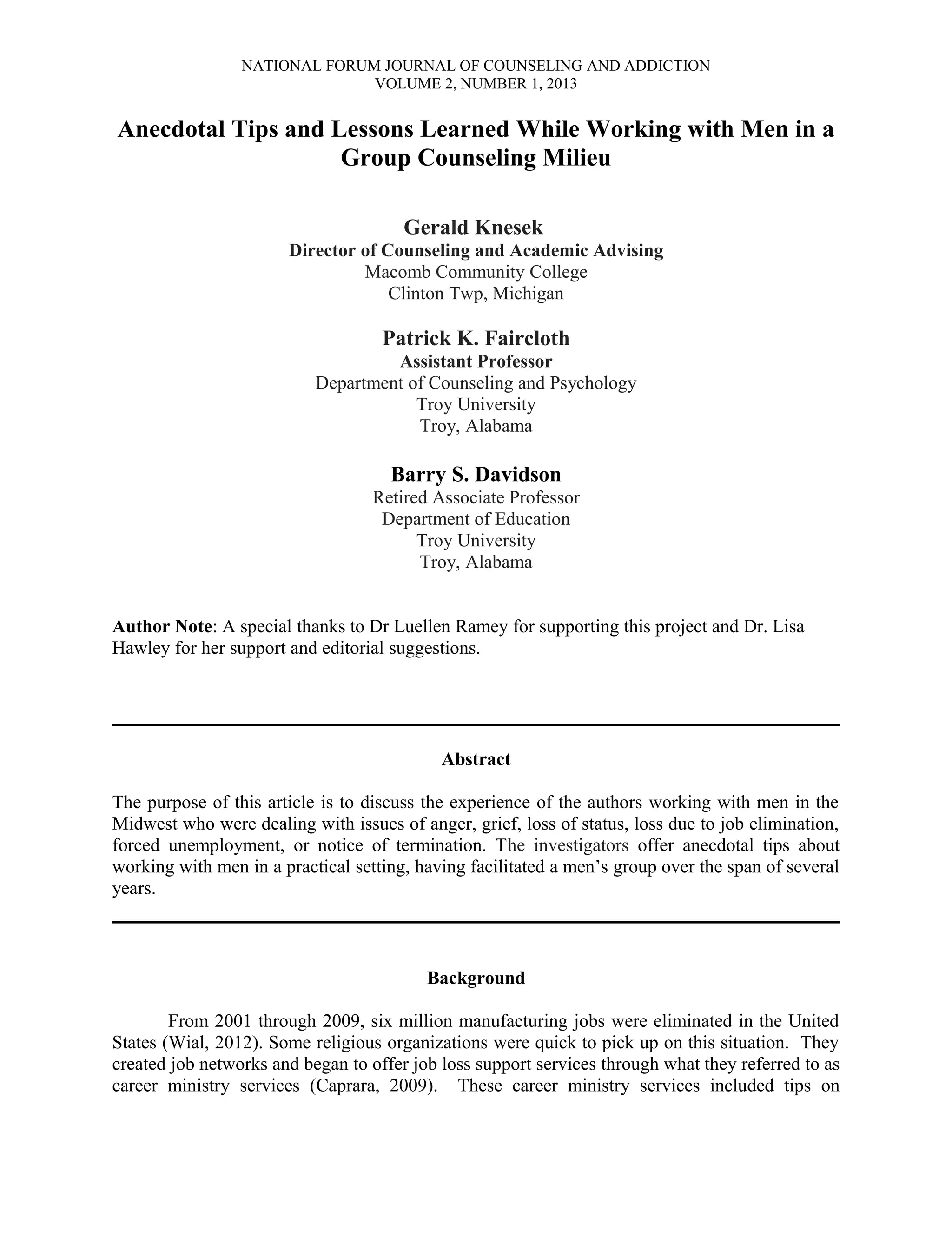 Tips and lessons learned while working with men in a group counseling milieu patrick faircloth ...