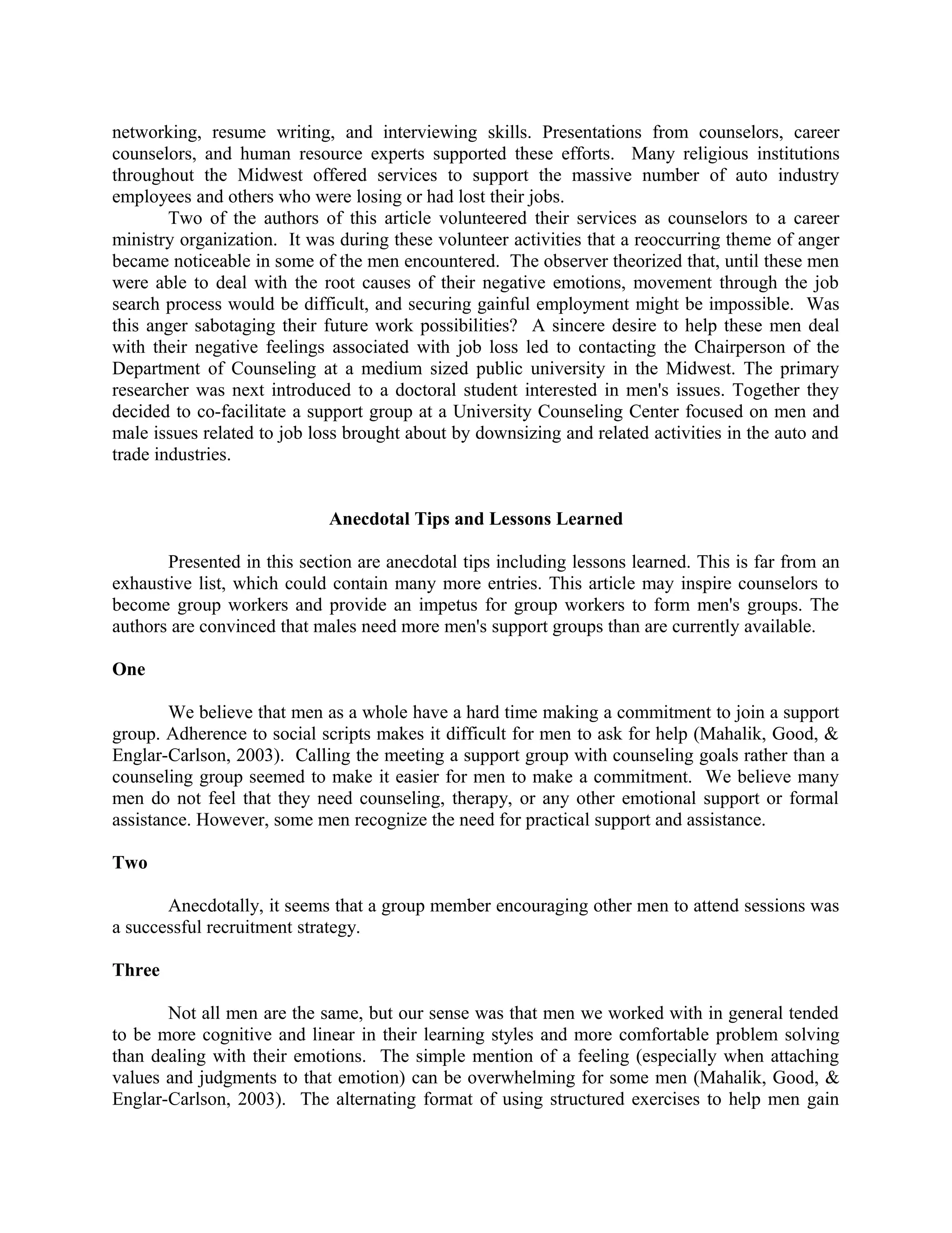 Tips and lessons learned while working with men in a group counseling milieu patrick faircloth ...