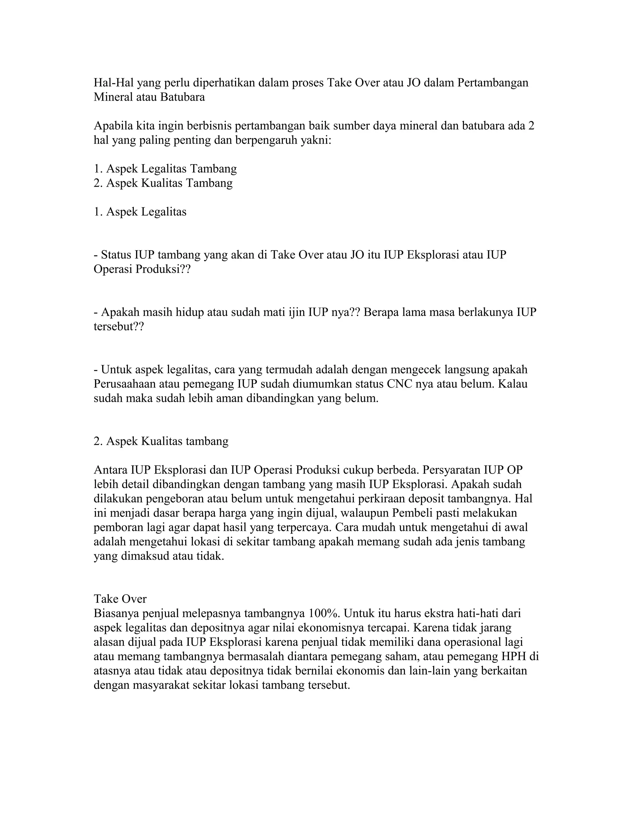 Tips dalam proses Take Over atau JO | DOC