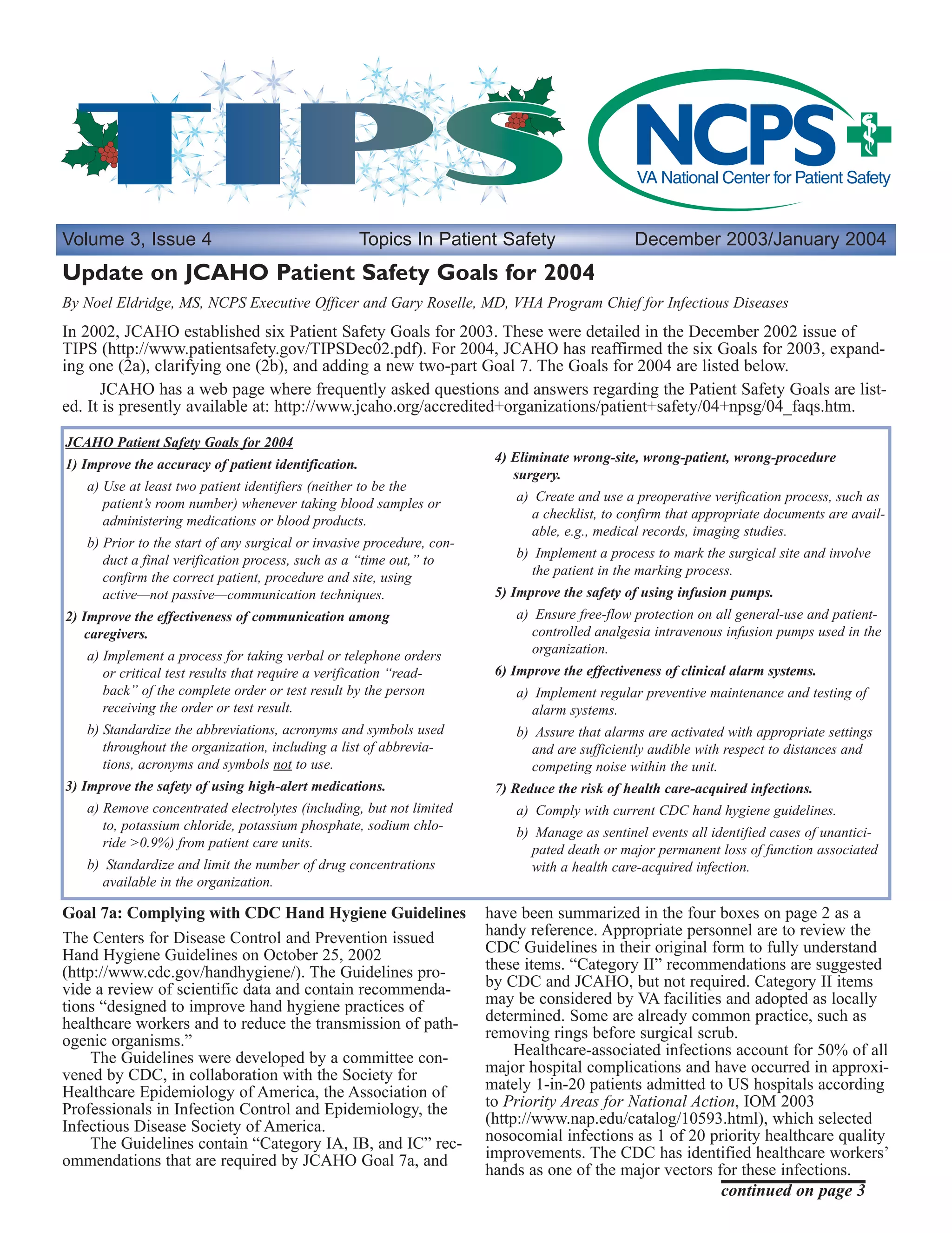 Hand Hygiene Requirements and JCAHO National Patient Safety Goals in ...