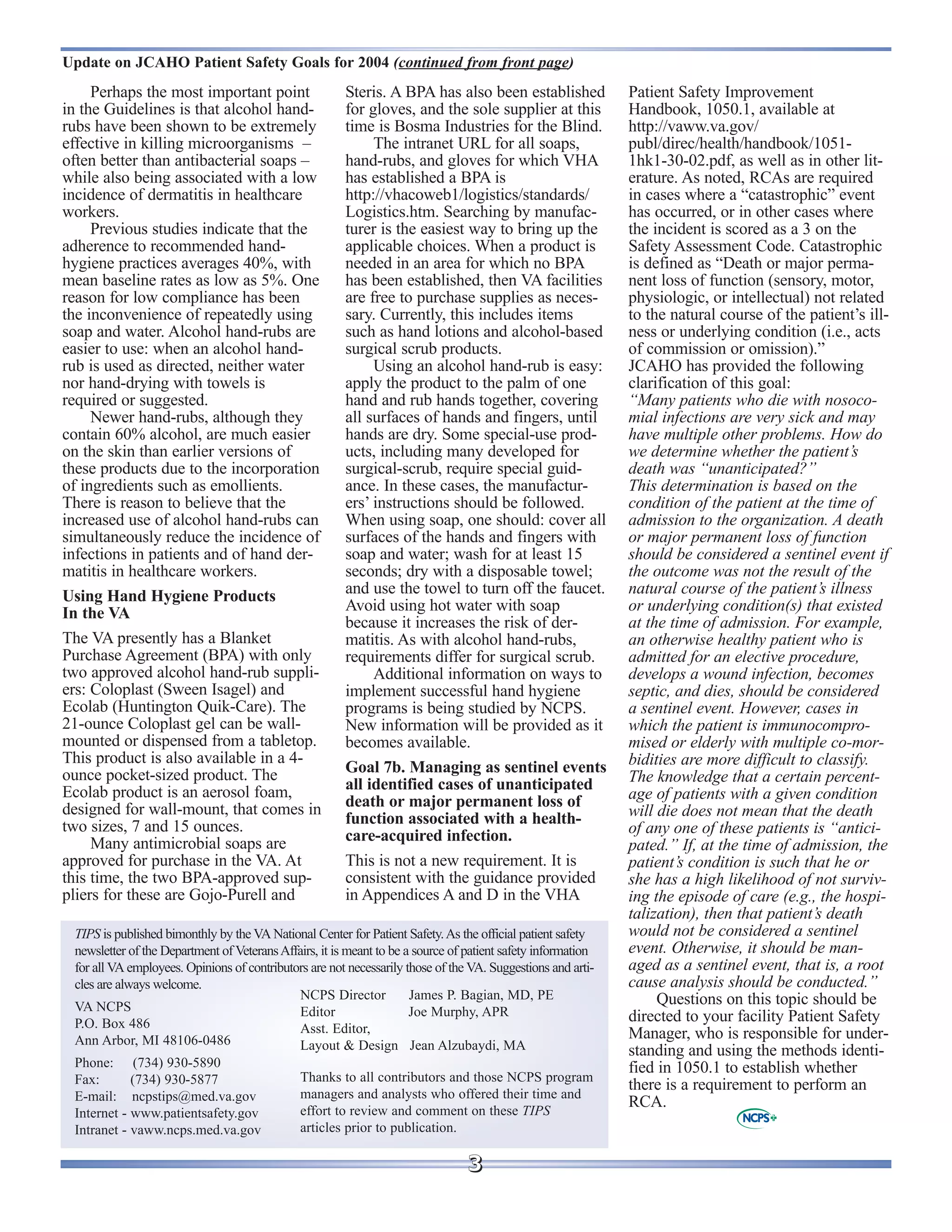 Hand Hygiene Requirements and JCAHO National Patient Safety Goals in ...