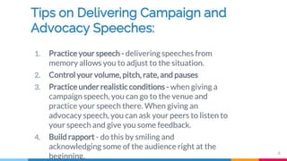 Tips on delivering campaign and advocacy speeches | PPTX