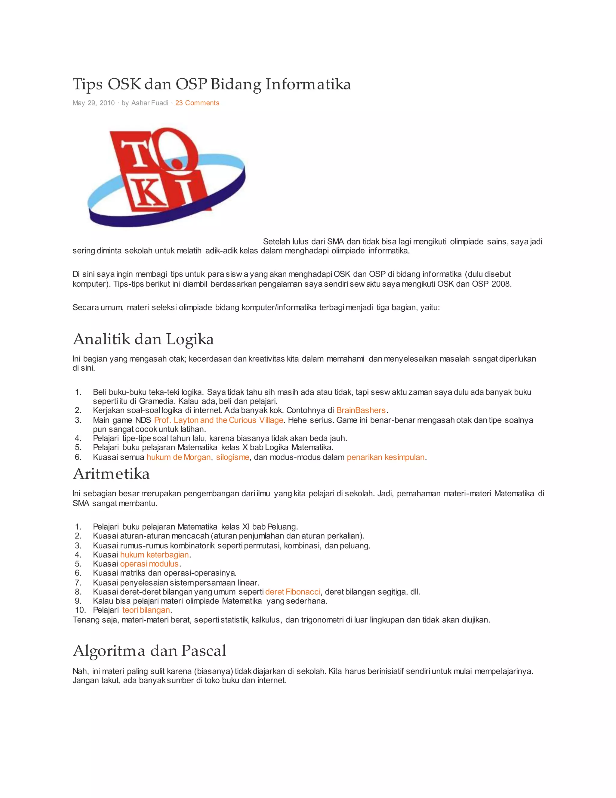 Tips osk dan osp bidang informatika | DOCX