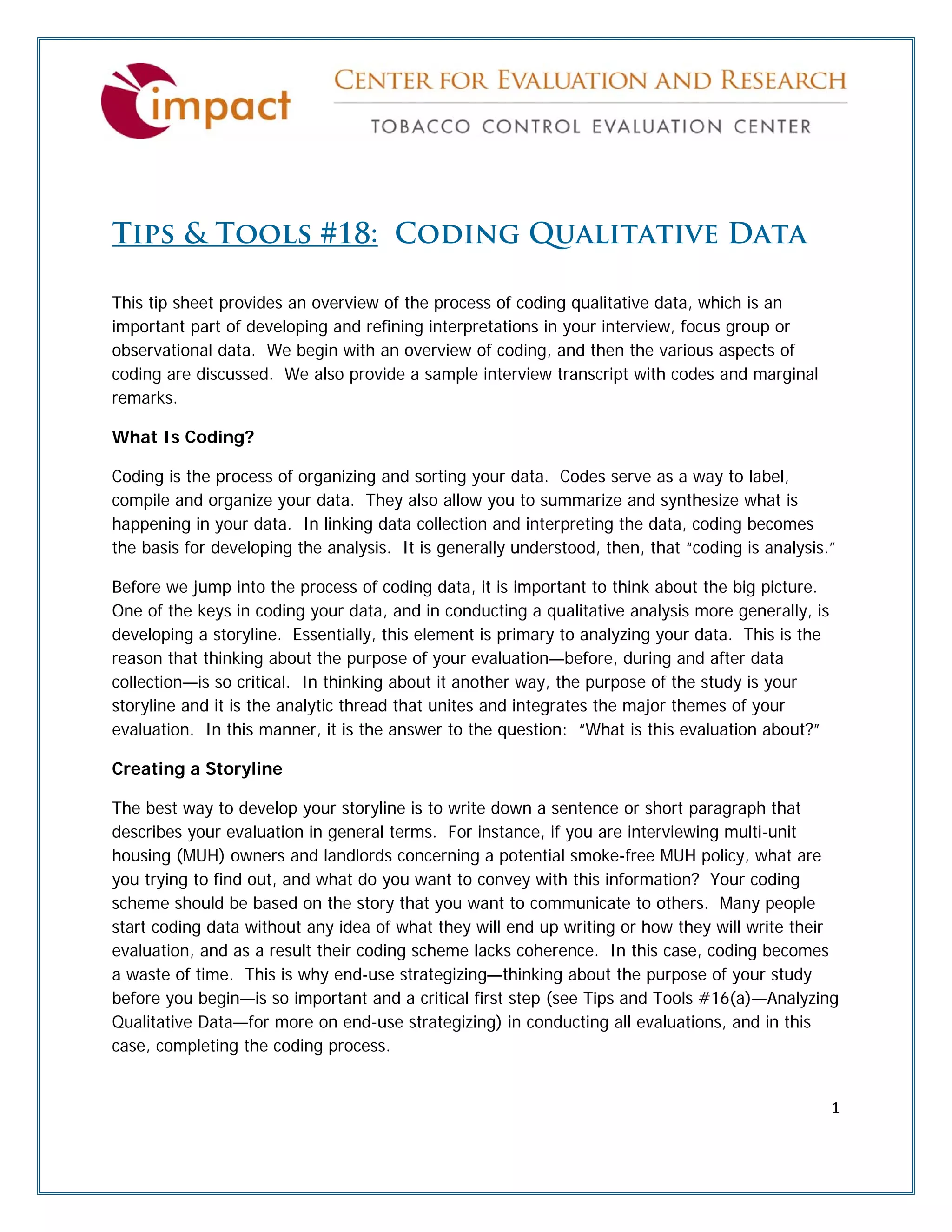 Tips & Tools #18 Coding Qualitative Data | PDF