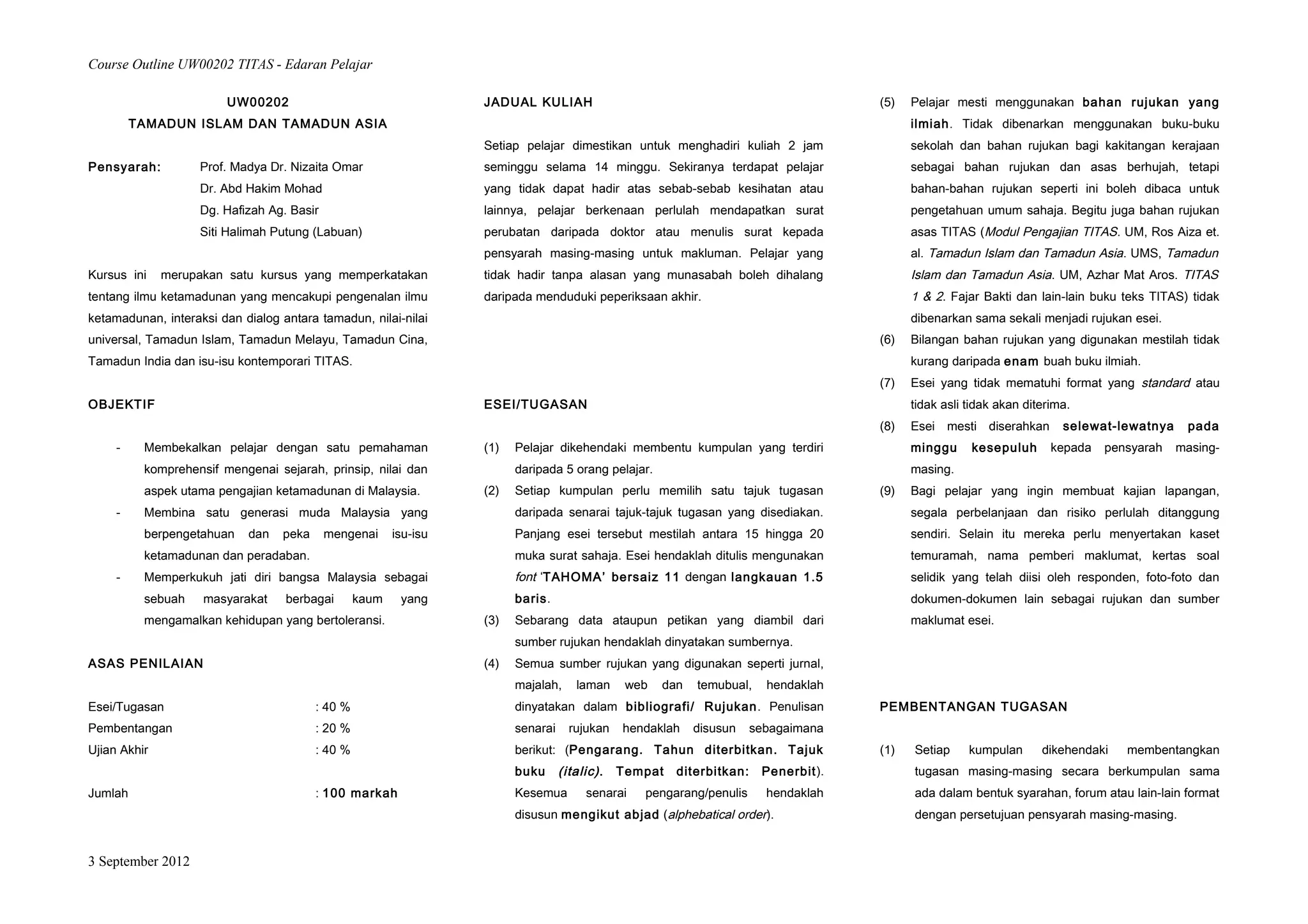 Titas uw00202 courseoutline_sem_1_sesi_2012_2013[1] | DOC