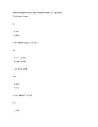 ITP UNS Semester 3, Rancangan Percobaan: Titik optimum & eigen value | DOCX