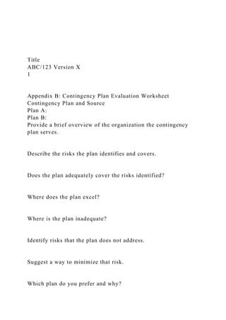 TitleABC123 Version X1Appendix B Contingency Plan .docx