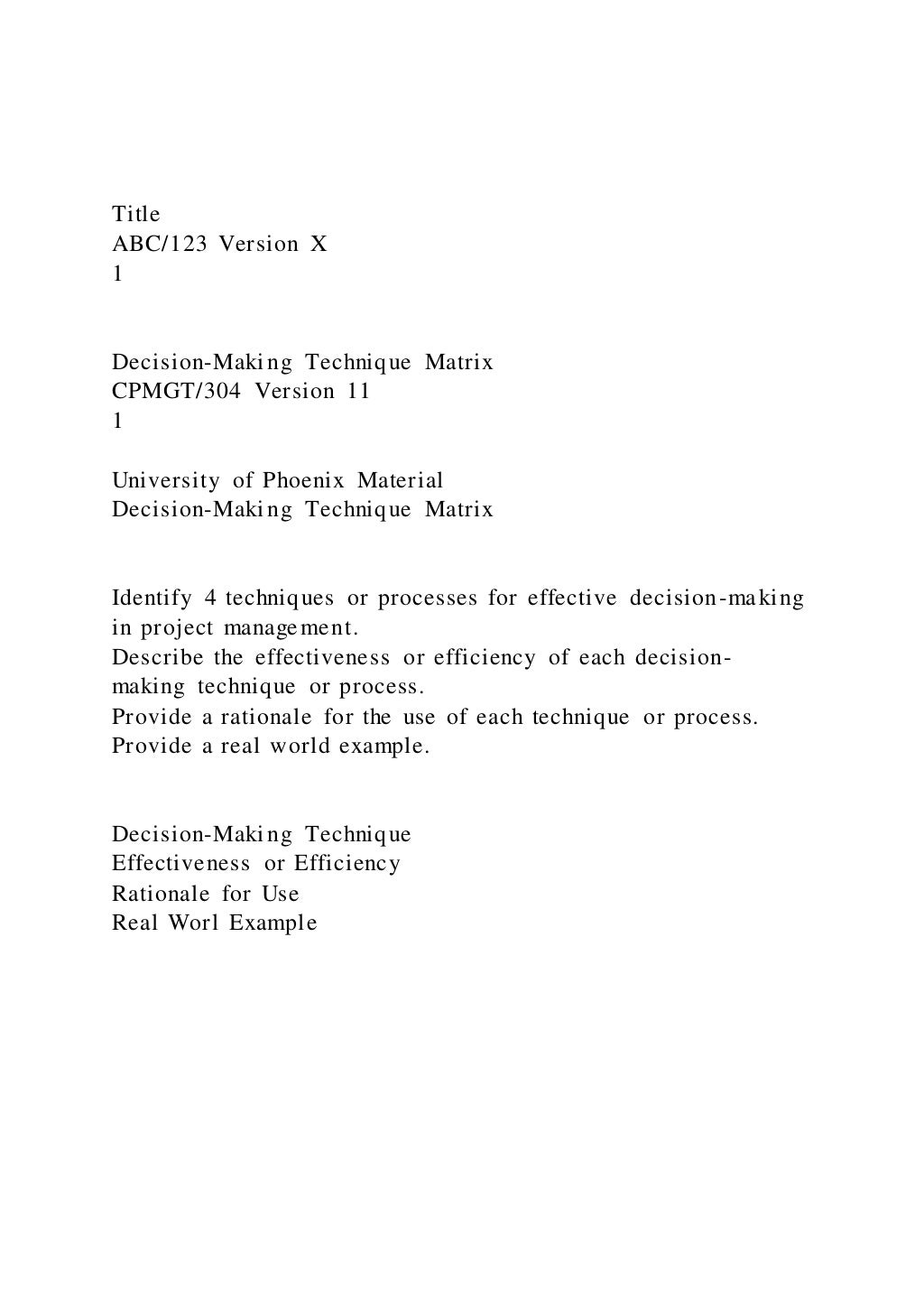 TitleABC123 Version X1Decision-Making Technique Matri | DOCX