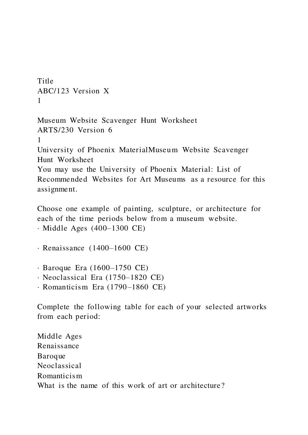 TitleABC123 Version X1Museum Website Scavenger Hunt W | PDF