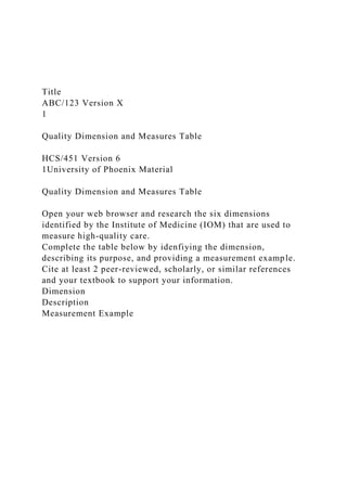 TitleABC123 Version X1Quality Dimension and Measures .docx