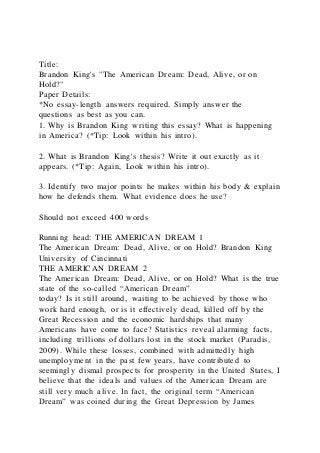 TitleBrandon Kings The American Dream Dead, Alive, or on Hol | PDF