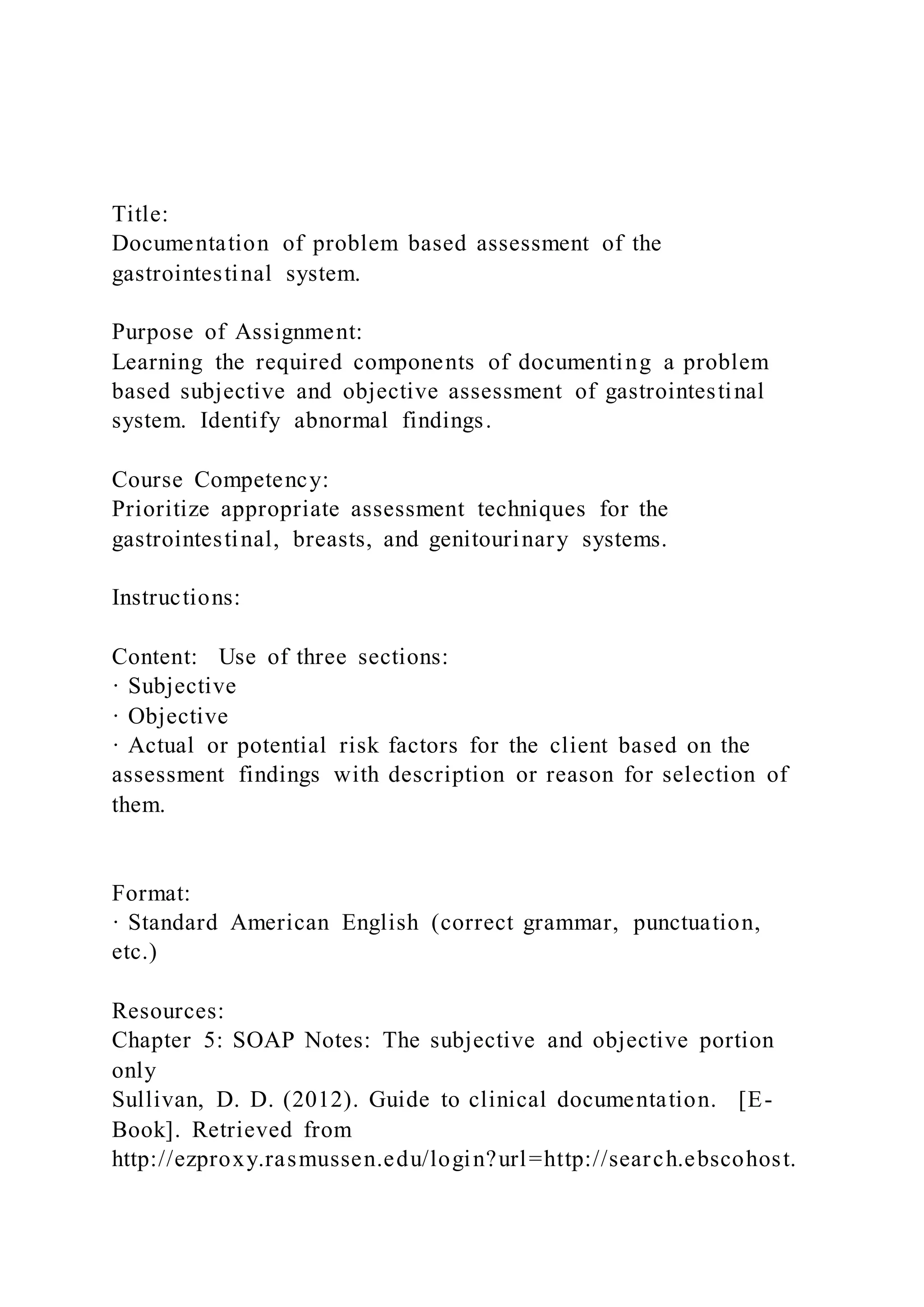 Title documentation of problem based assessment of the gastroi | DOCX | Medical Health
