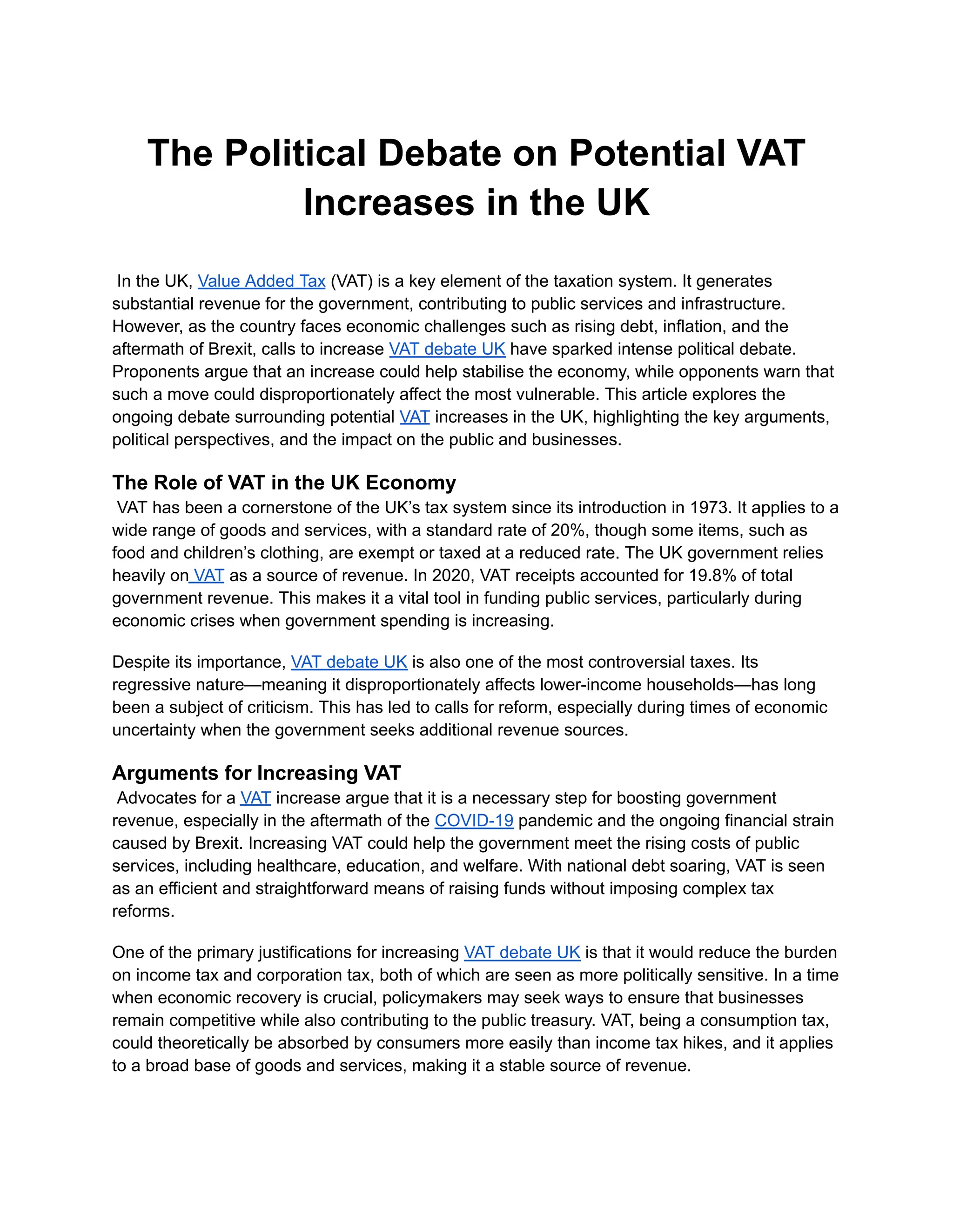 The Political Debate on Potential VAT Increases in the UK | PDF
